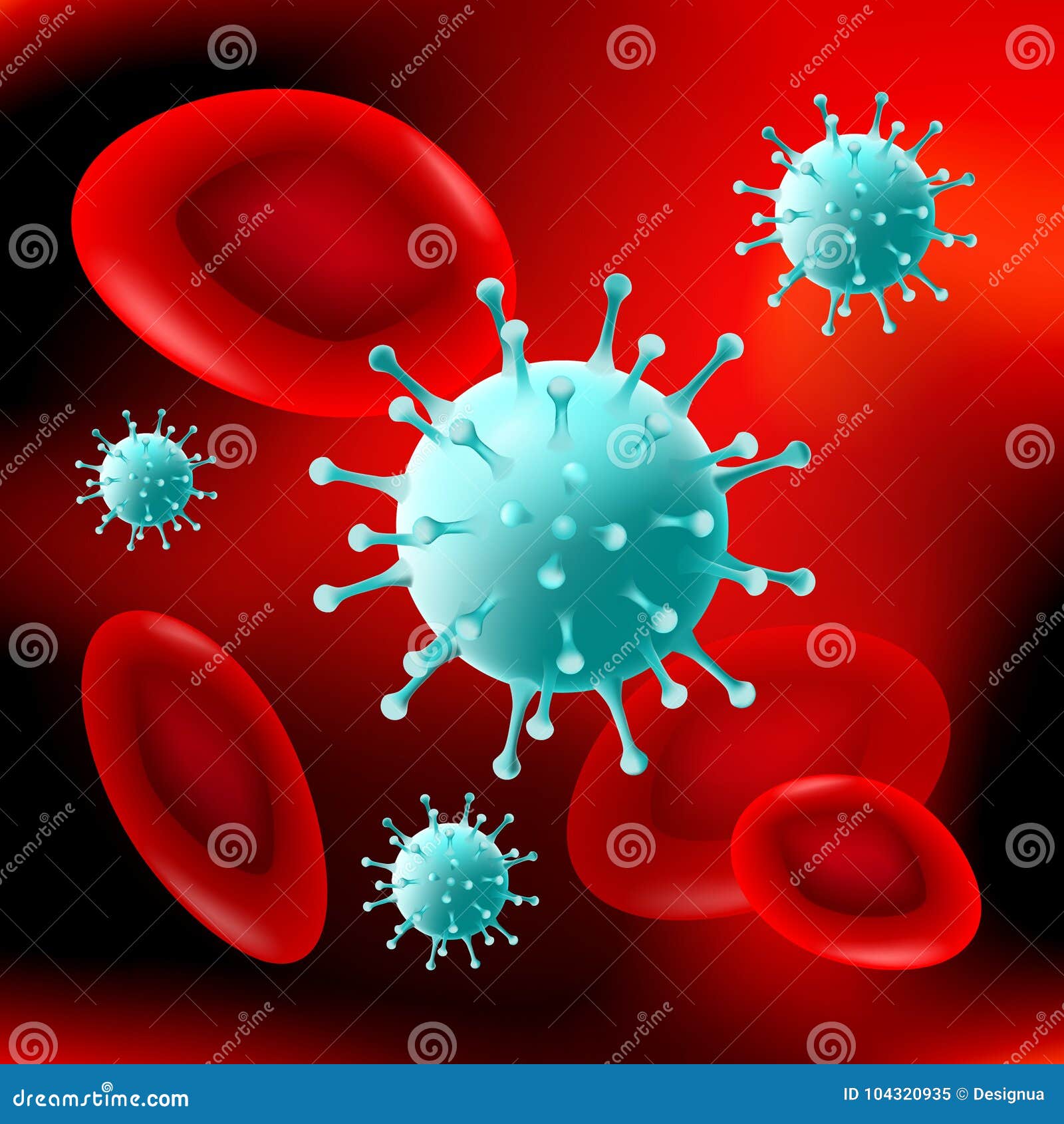 Virus in Blood Flow. Red Blood Cells and Virion on Red Background Stock ...