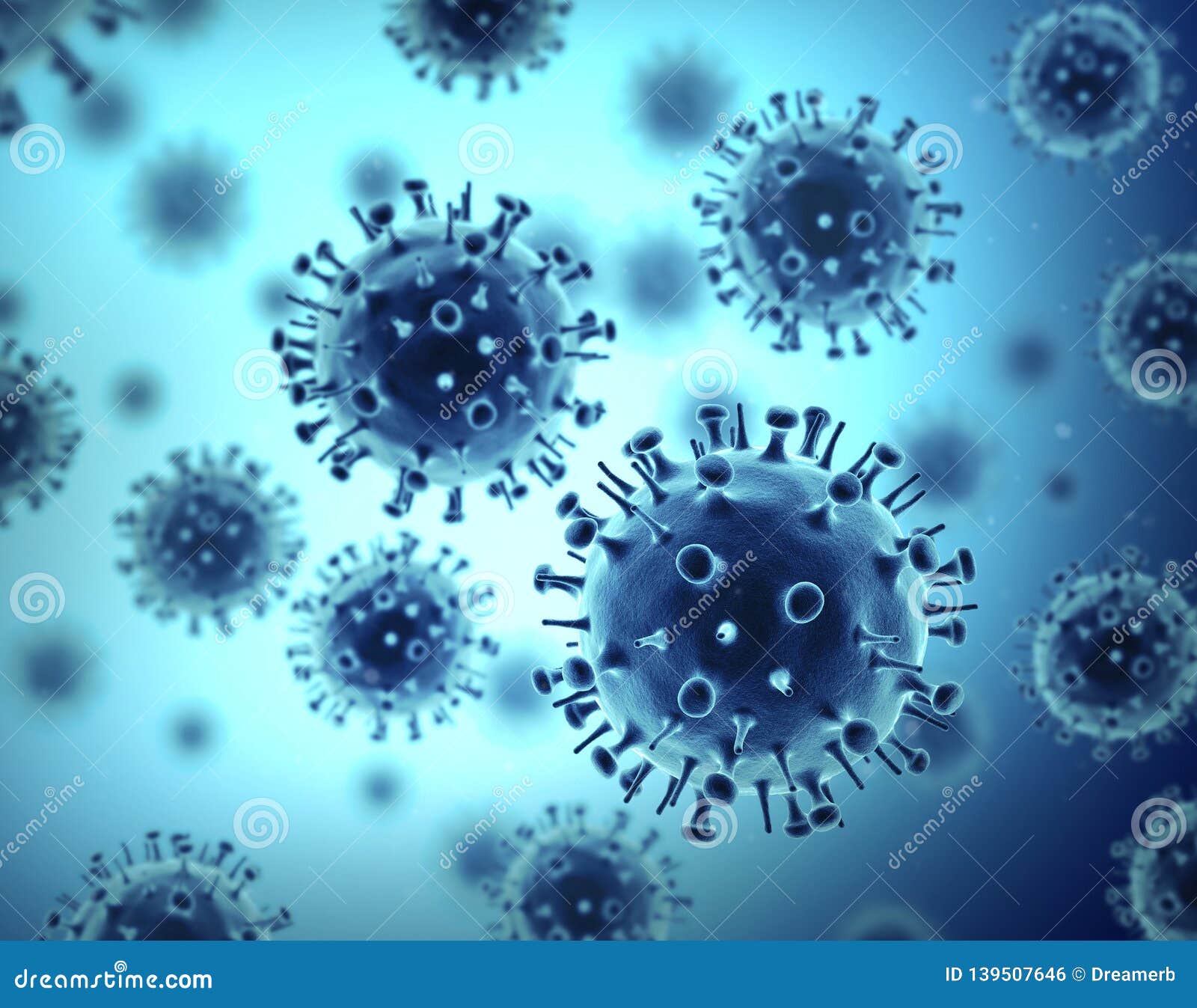 Virus on blue background. stock illustration. Illustration of macro ...