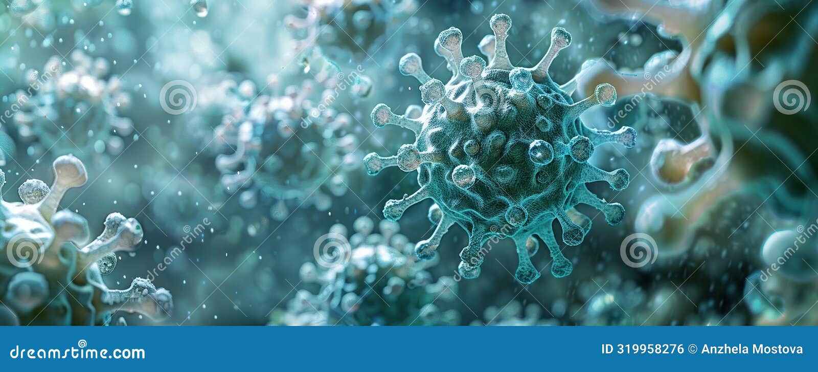 Virus on Blurred Light Blue Background with Viruses Floating Stock ...