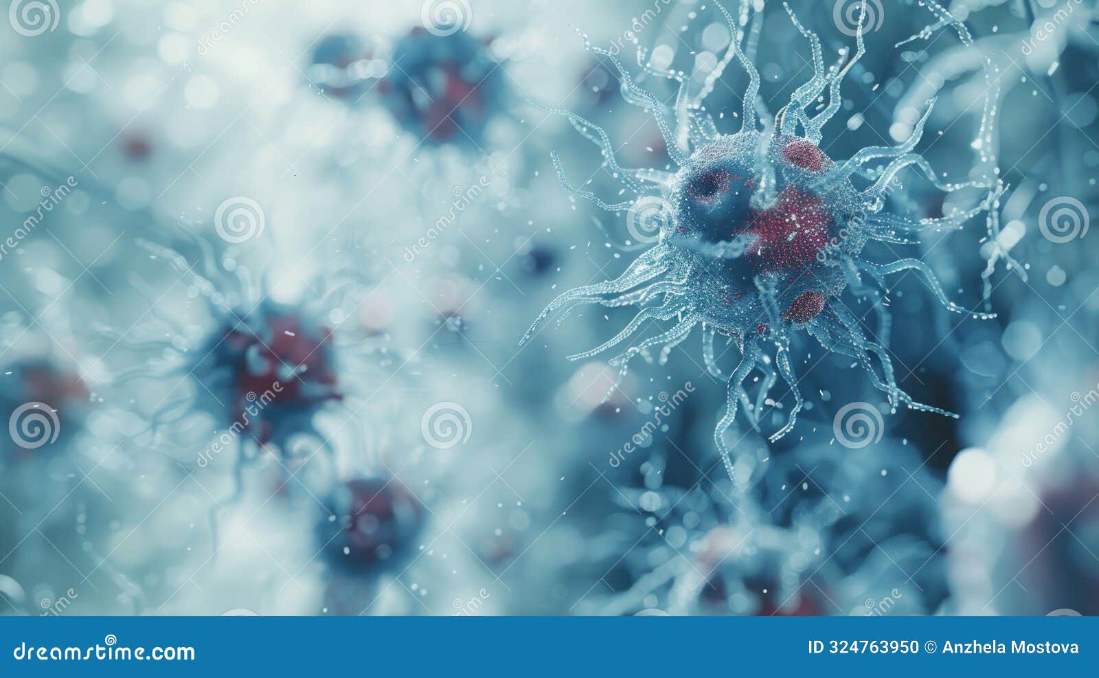 Virus on Blurred Light Blue Background with Viruses Floating Stock ...