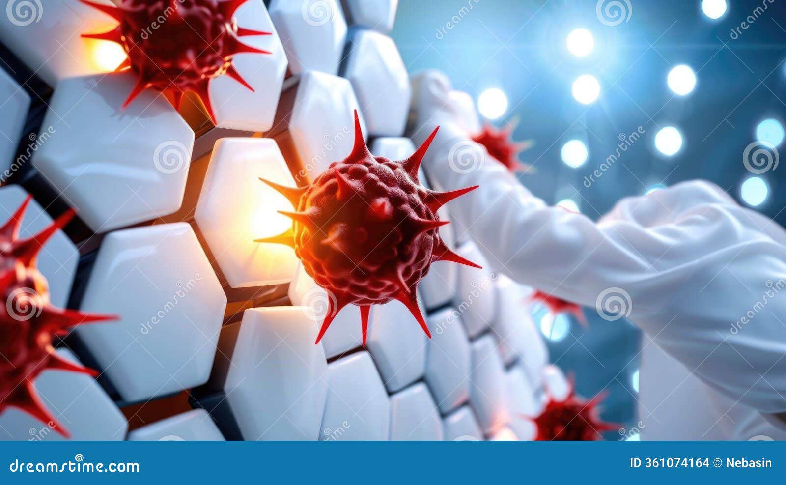 Virus Cells and White Hexagonal Structure with Blue Lights in ...