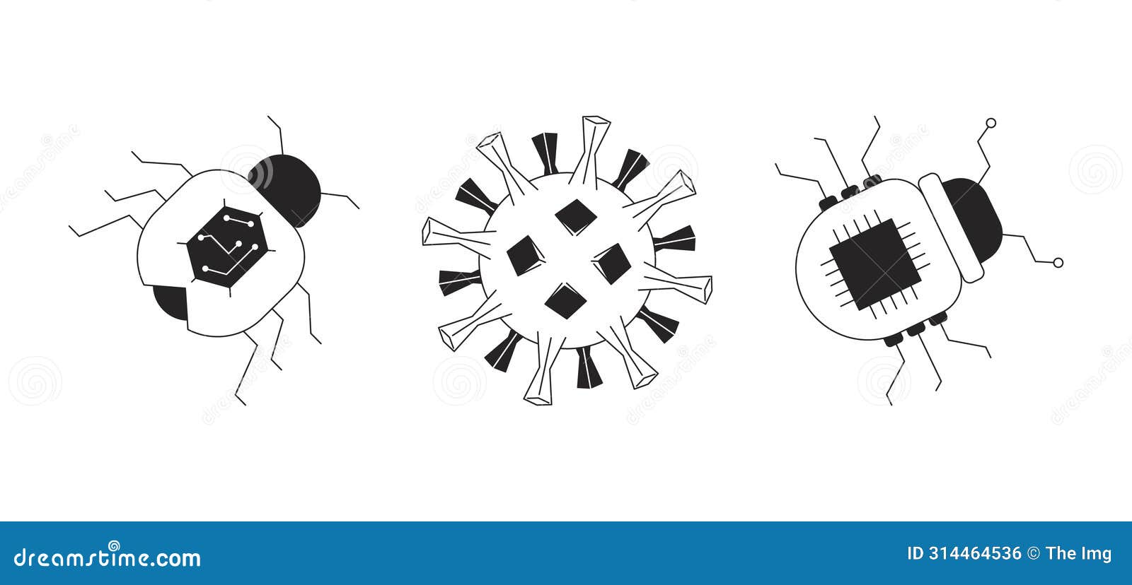 Virus Computer Bugs Black and White 2D Line Cartoon Objects Set Stock ...