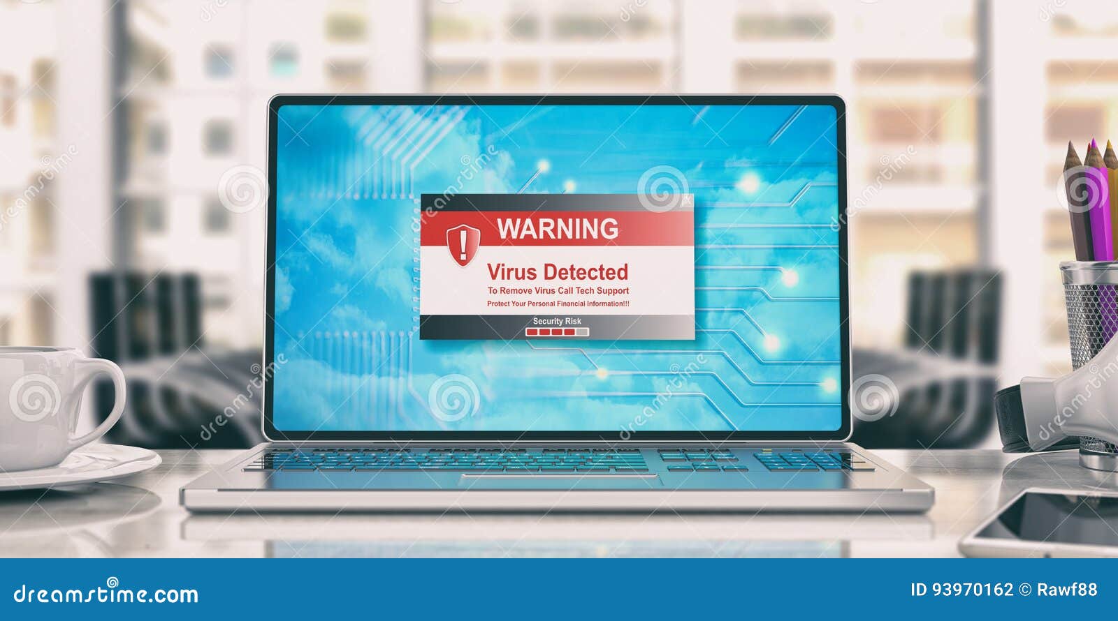 Virus Detected Message on Laptop in an Office. 3d Illustration Stock ...