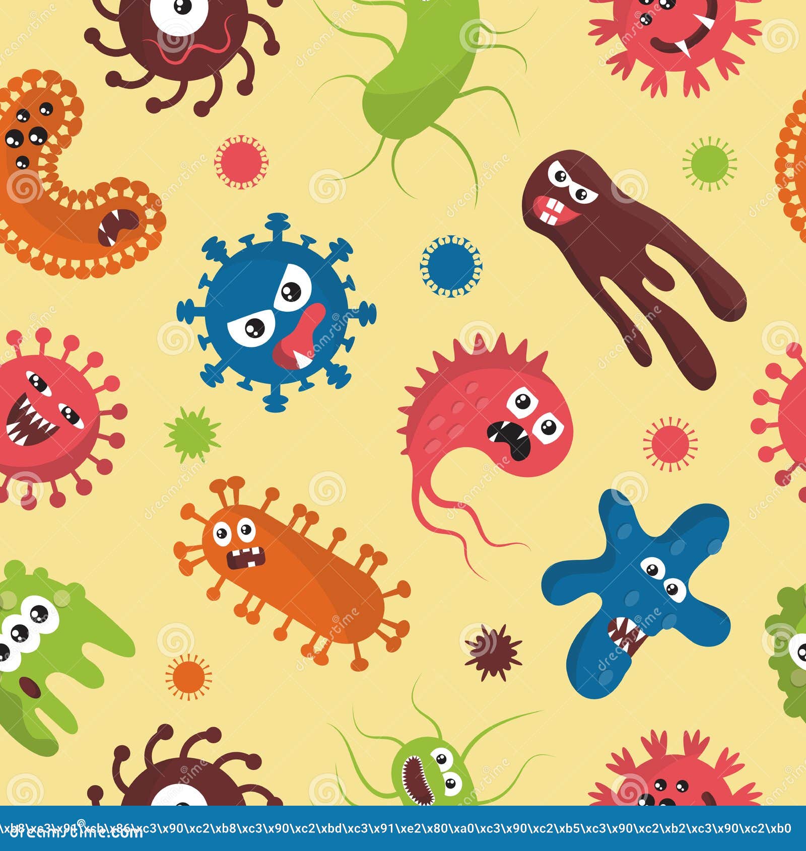 Virus Germ. Funny Bacteria Pattern. Comic Covid Influenza Characters ...