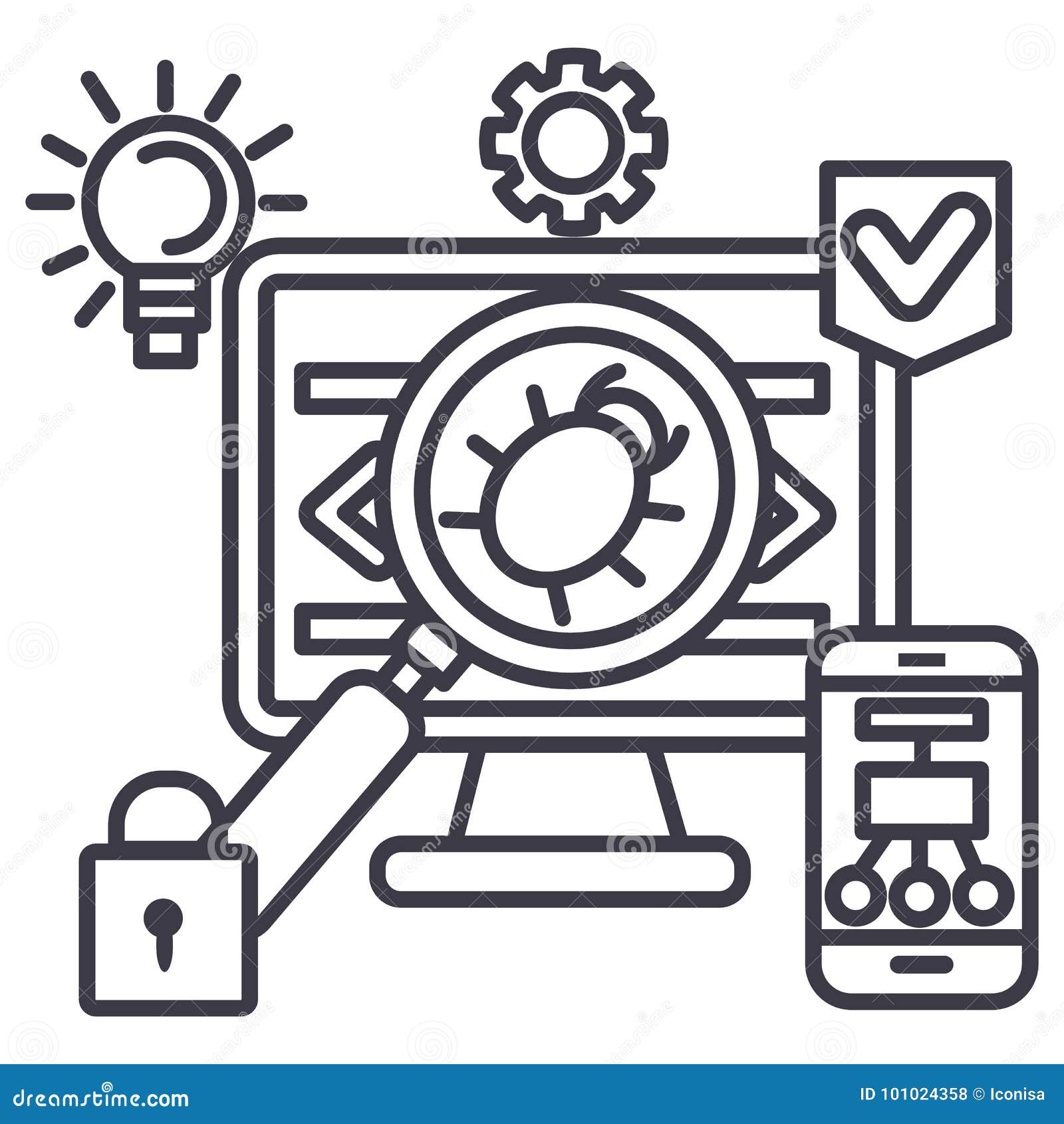 Virus,hacker,anti Hacking Vector Line Icon, Sign, Illustration on ...