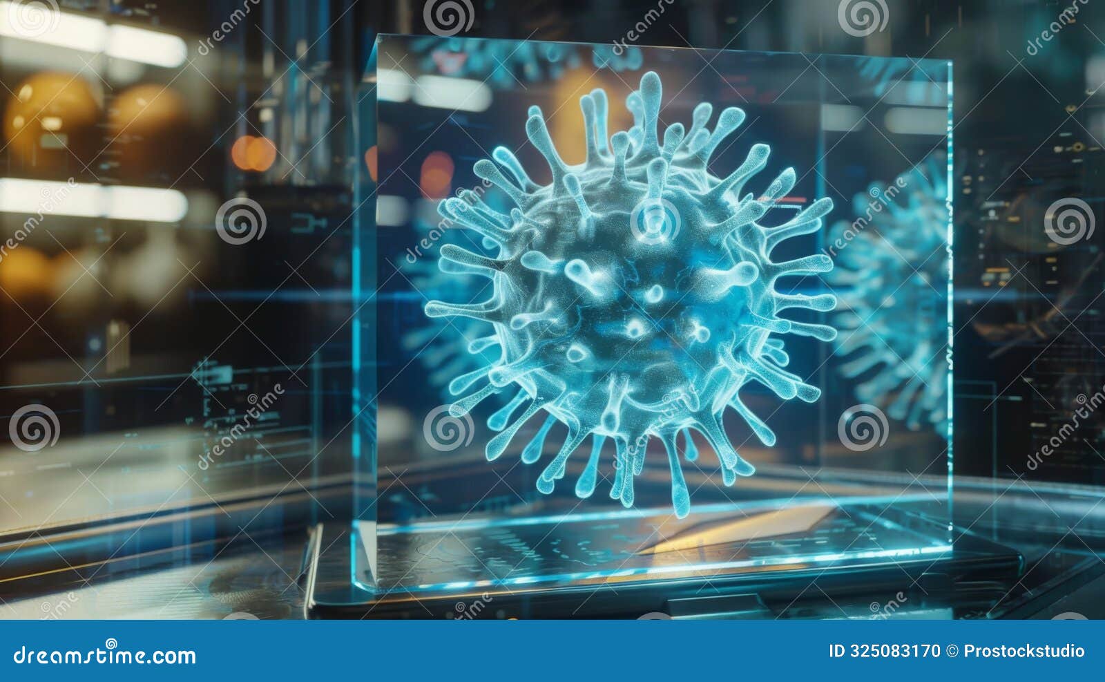 Virus Model in Glass Cube stock photo. Image of research - 325083170