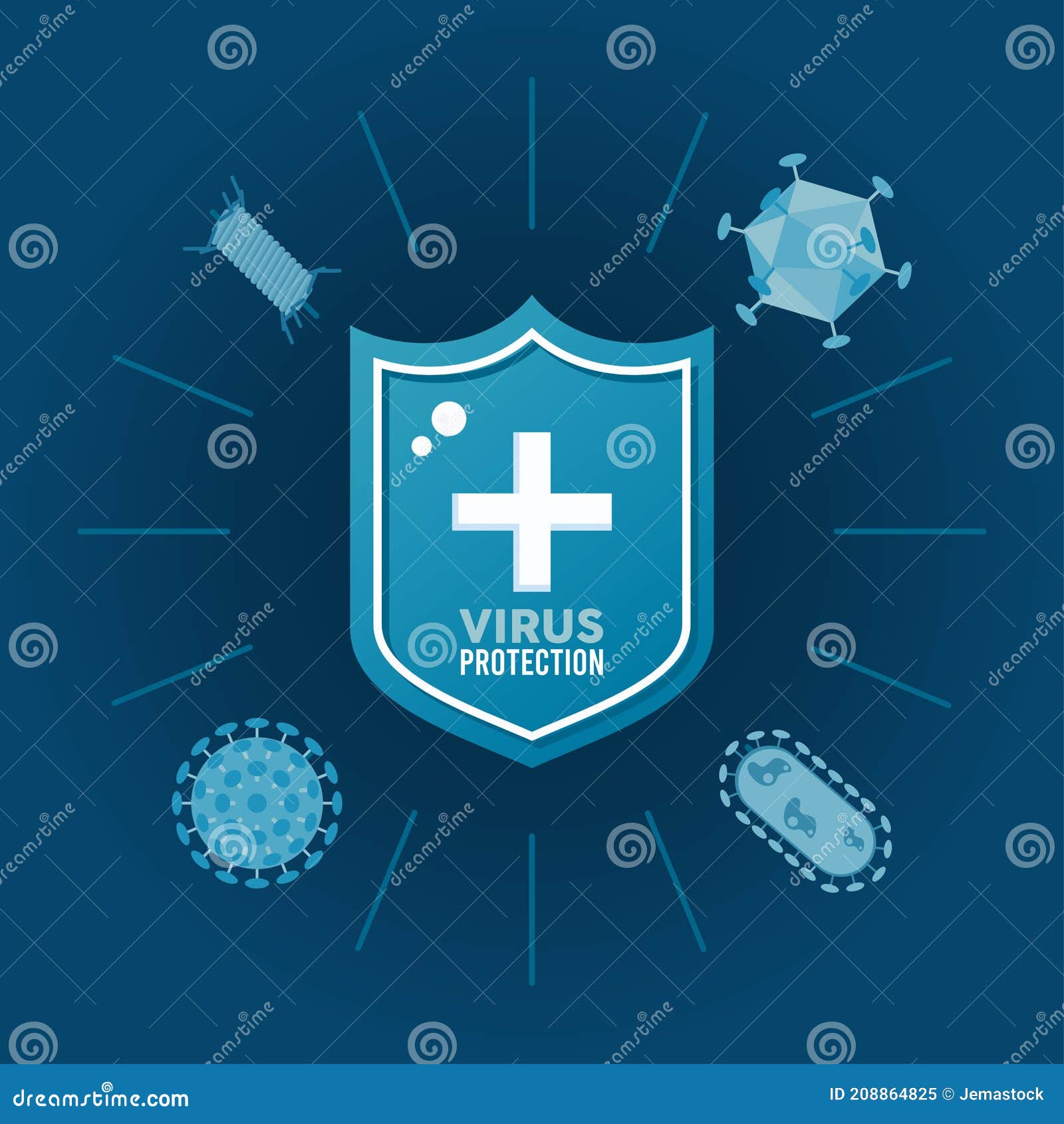 Virus Protection Lettering in Shield with Particles and Bacteriums ...