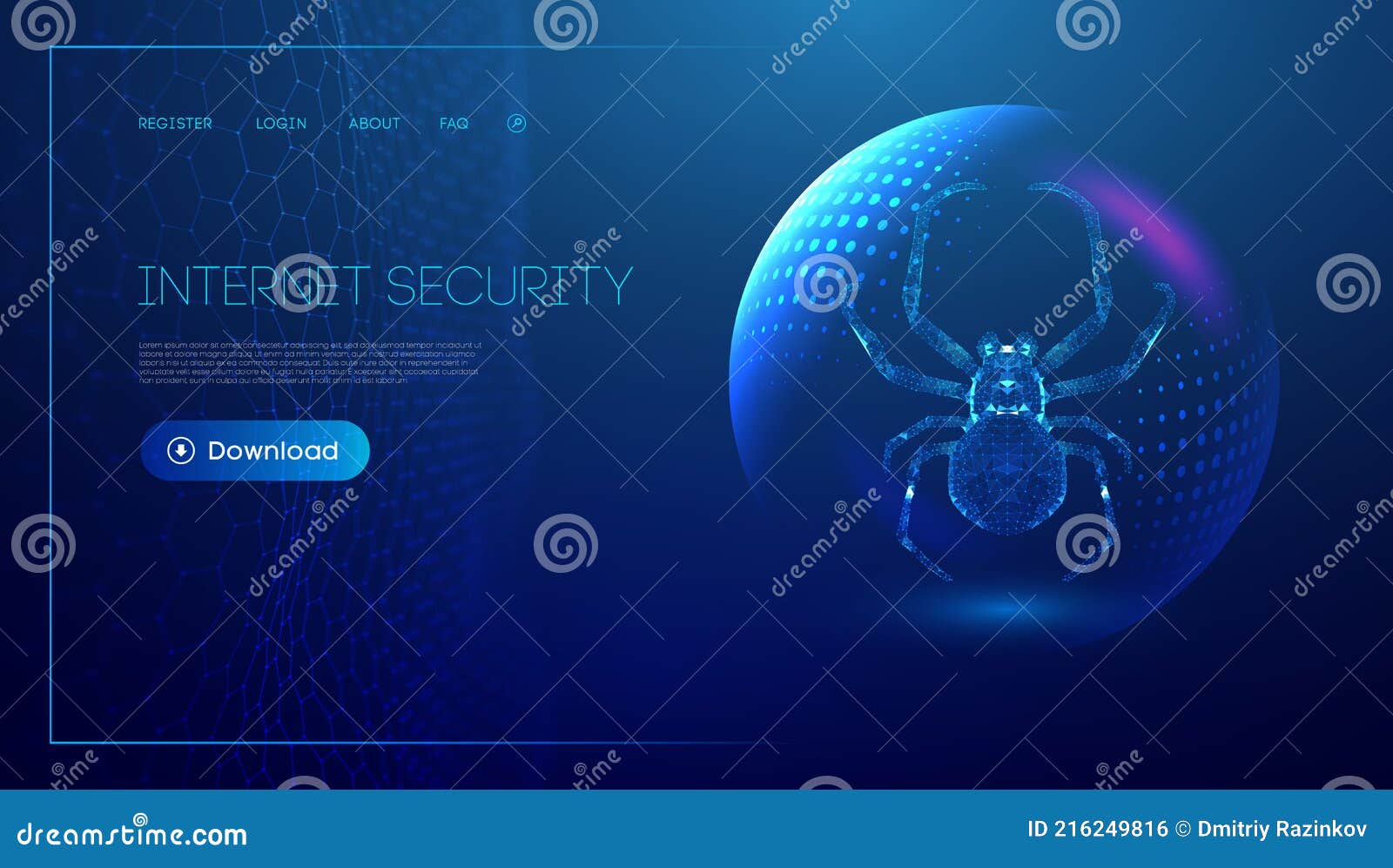 Virus Spider in Low Poly Style on Blue Background with Sphere Shield ...