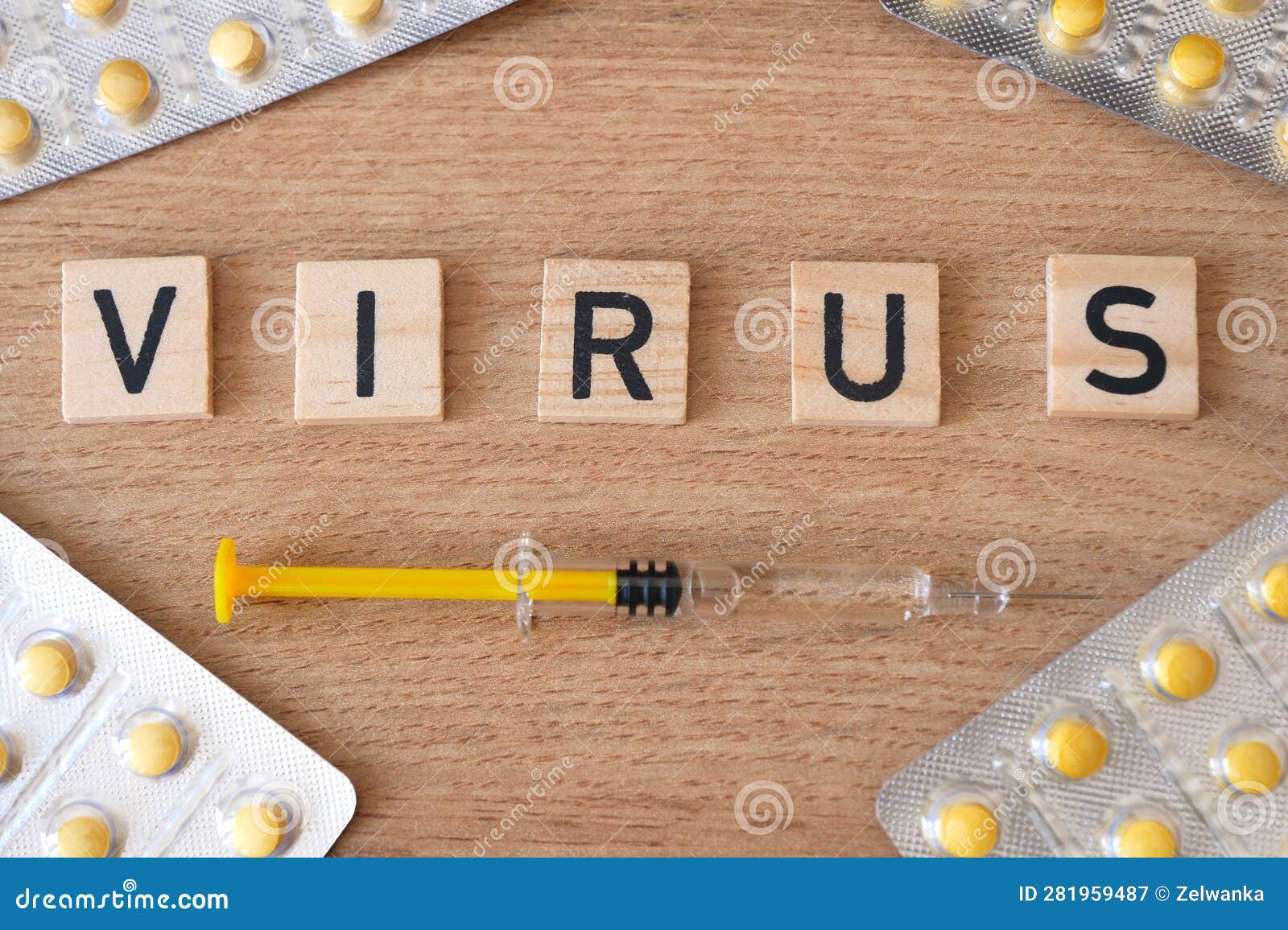 Virus Word with Syringe Ad Medicines at the Table Stock Image - Image ...
