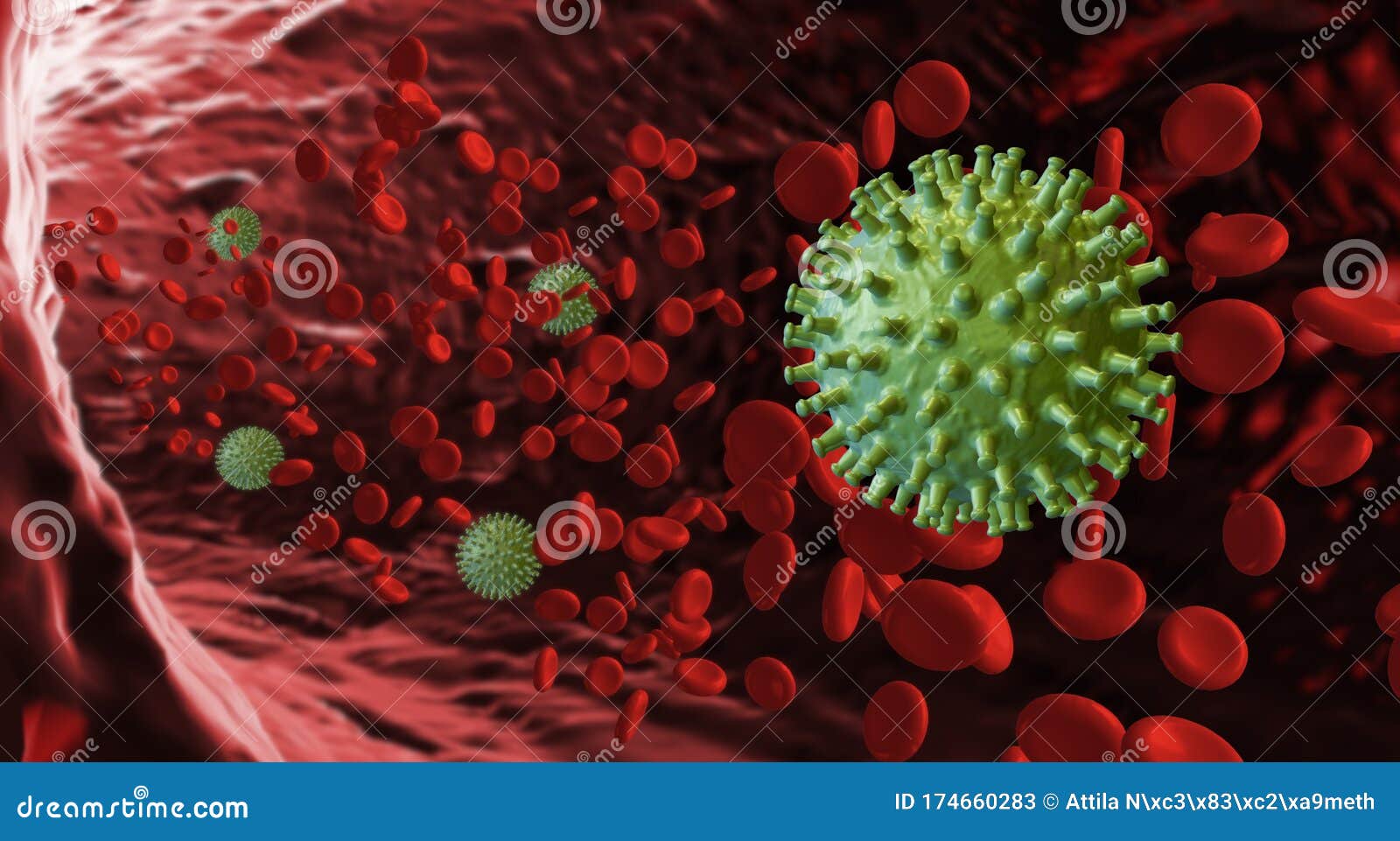 Viruses in Blood. Green Virus Float between Red Blood Cell. Stock ...