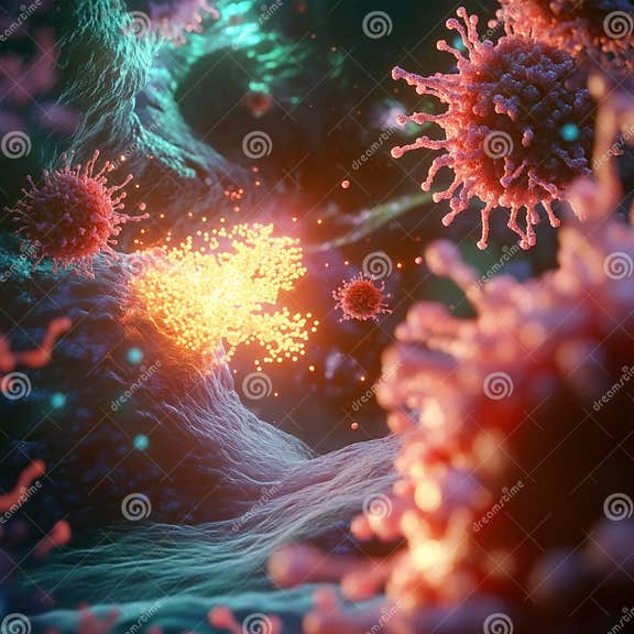 Viruses Invading Cells in a Vibrant Microscopic Environment Showcasing Cellular Structures ...