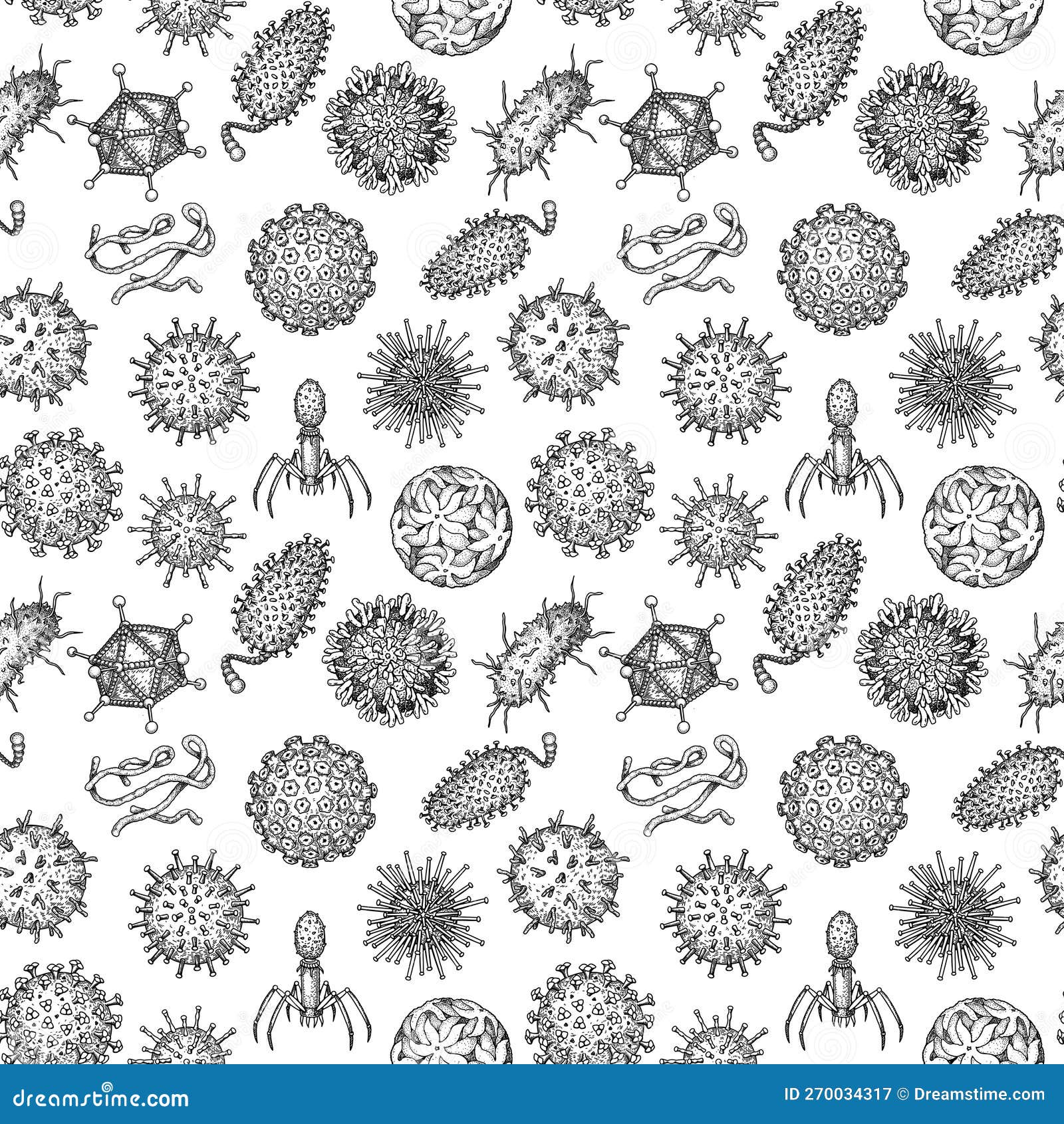 Viruses Seamless Patten. Scientific Hand Drawn Vector Illustration in ...