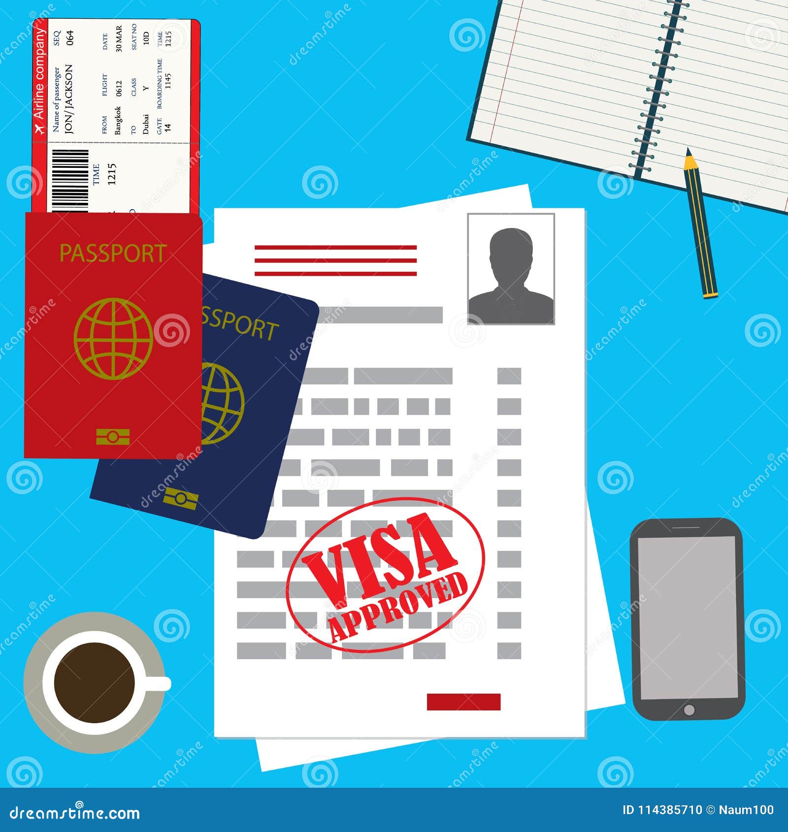 Visa Approved Blank Or Work Permit And Passport With Ticket Vector ...