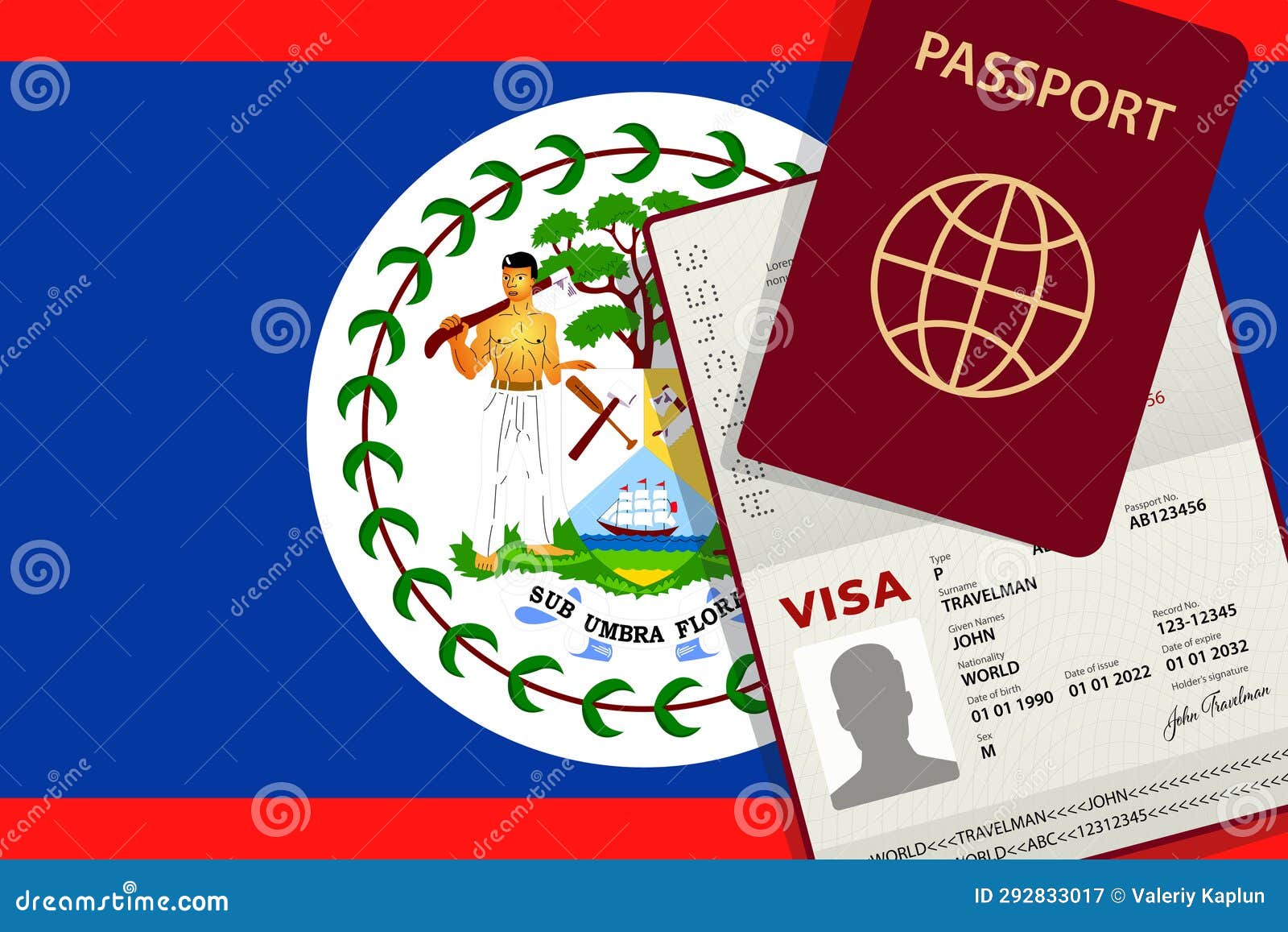 Visa To Belize and Passport. Belizean Flag Background. Vector ...