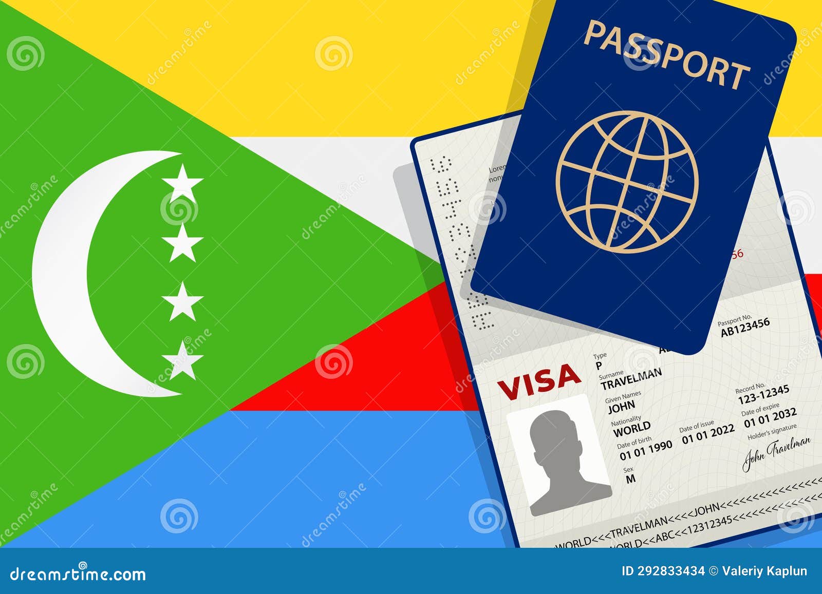 Visa To Comoros and Passport. Comoros Flag Background. Vector ...