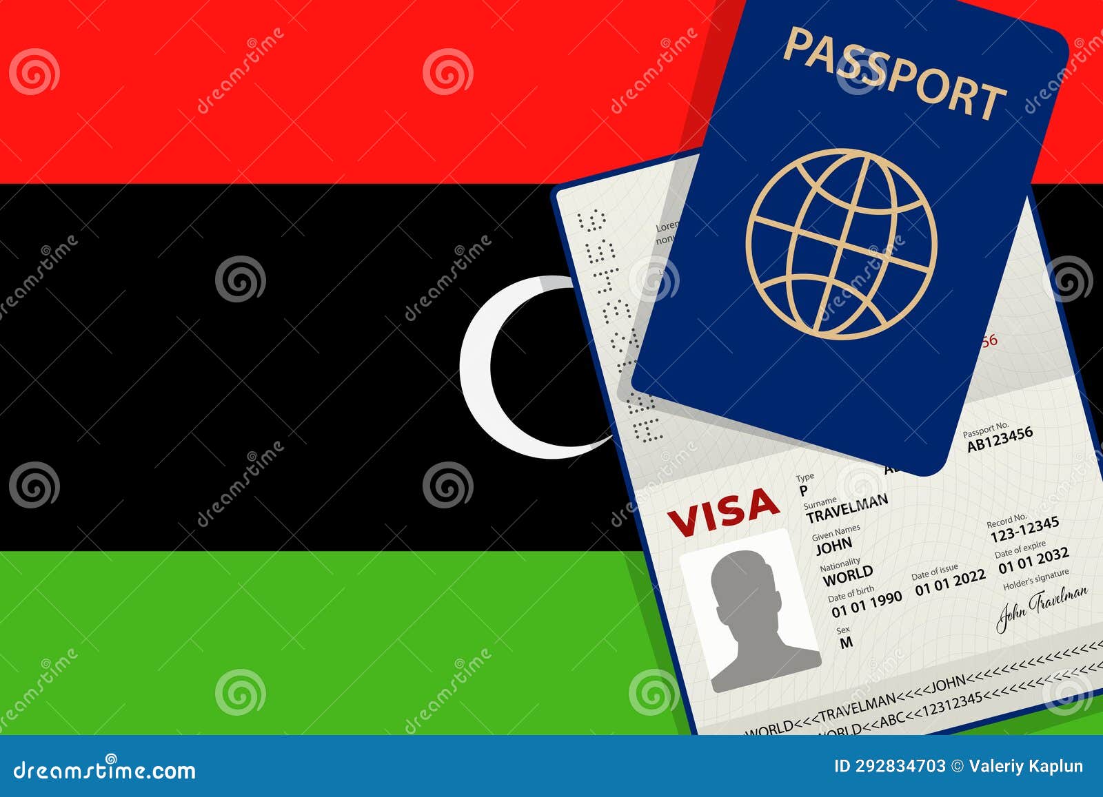 Visa To Libya and Passport. Libyan Flag Background. Vector Illustration ...