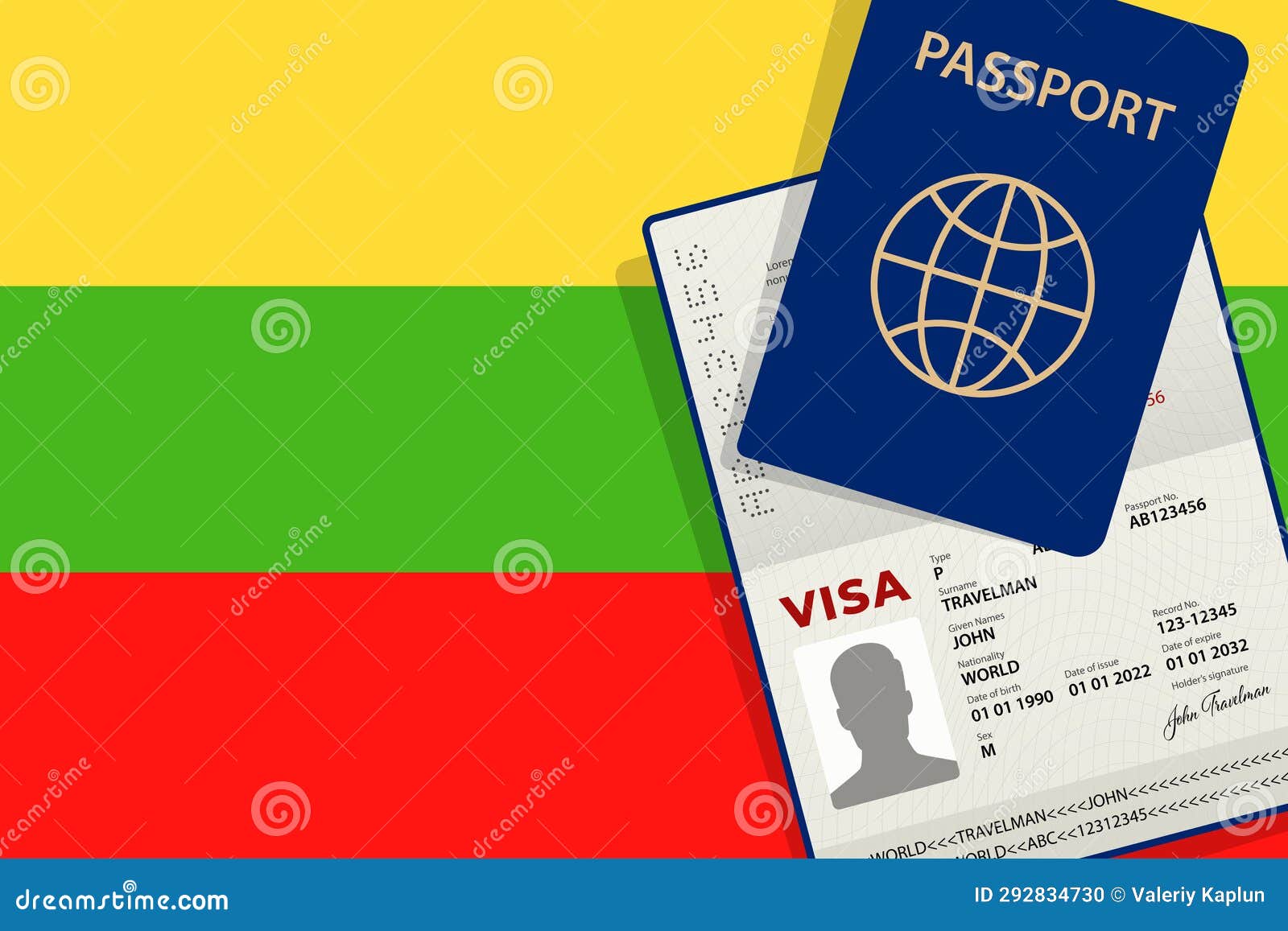 Visa To Lithuania and Passport. Lithuanian Flag Background. Vector ...