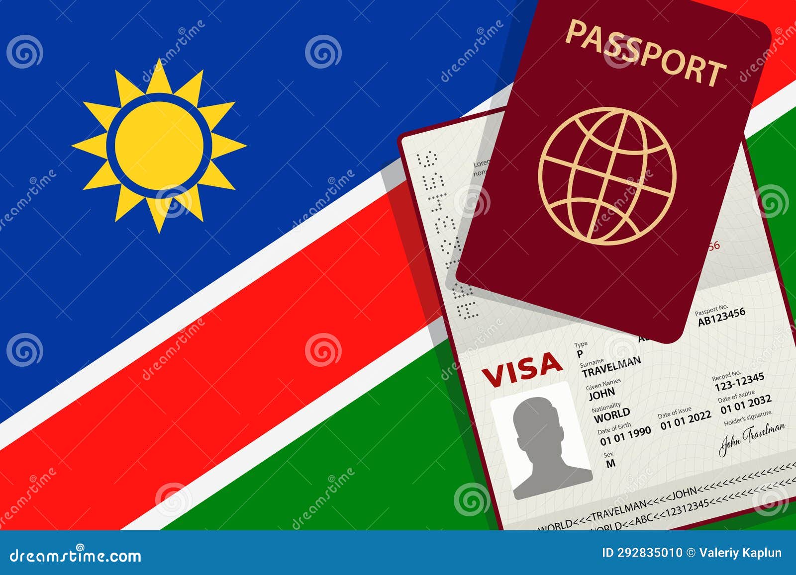 Visa To Namibia and Passport. Namibian Flag Background. Vector ...