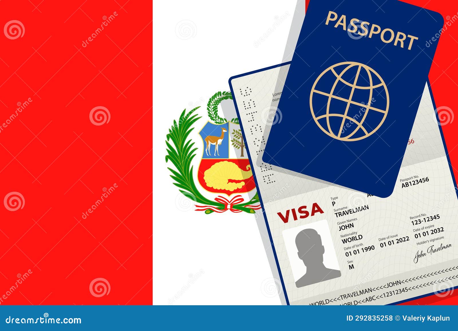 Visa To Peru and Passport. Peruvian Flag Background. Vector ...