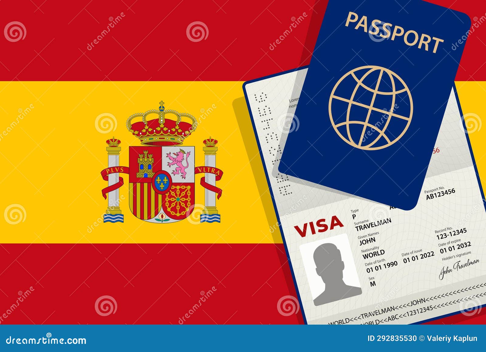 Visa To Spain and Passport. Spanish Flag Background. Vector ...