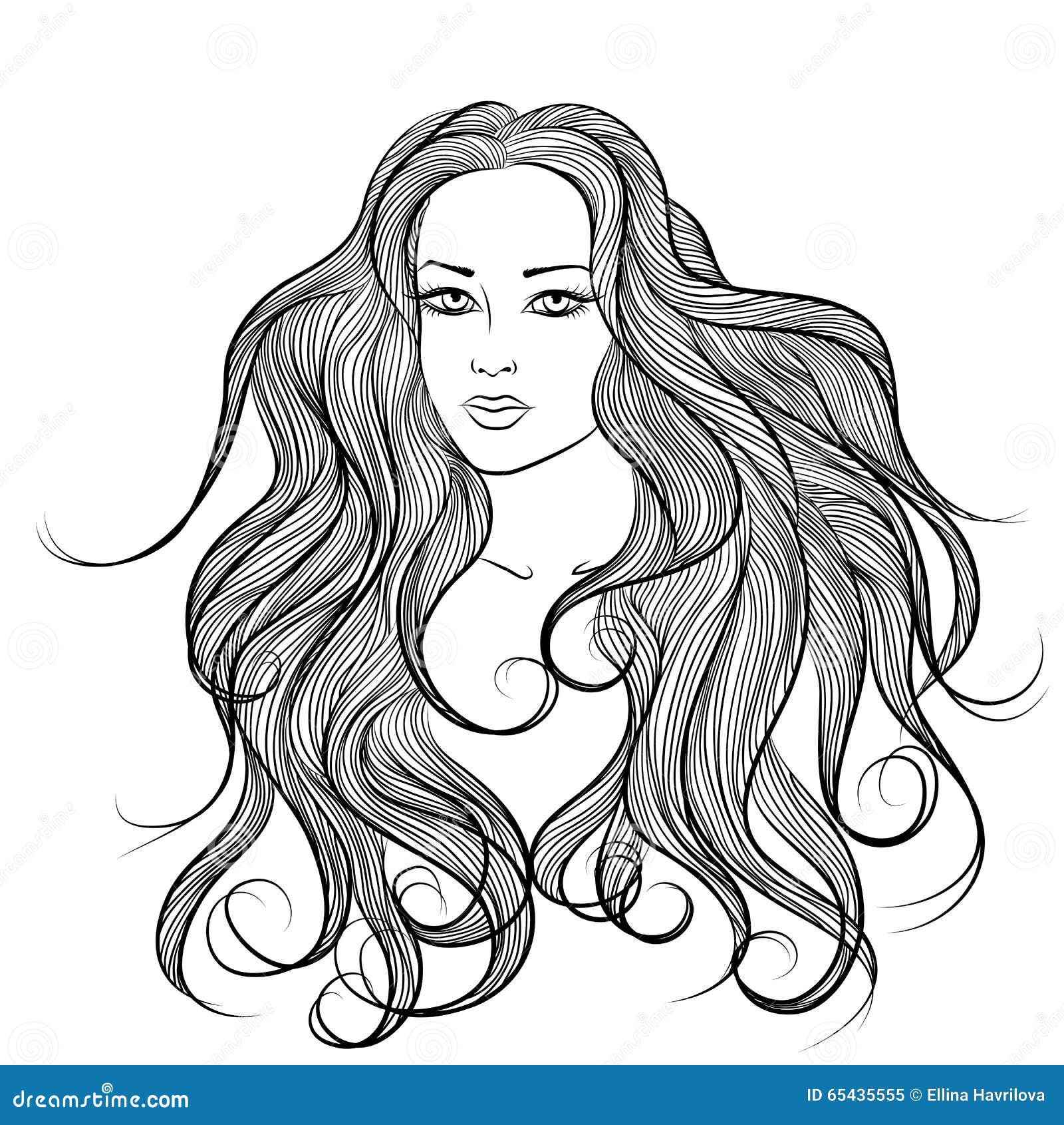 Visage Du Dessin Monochrome De Long De Cheveux Ensemble De Fille