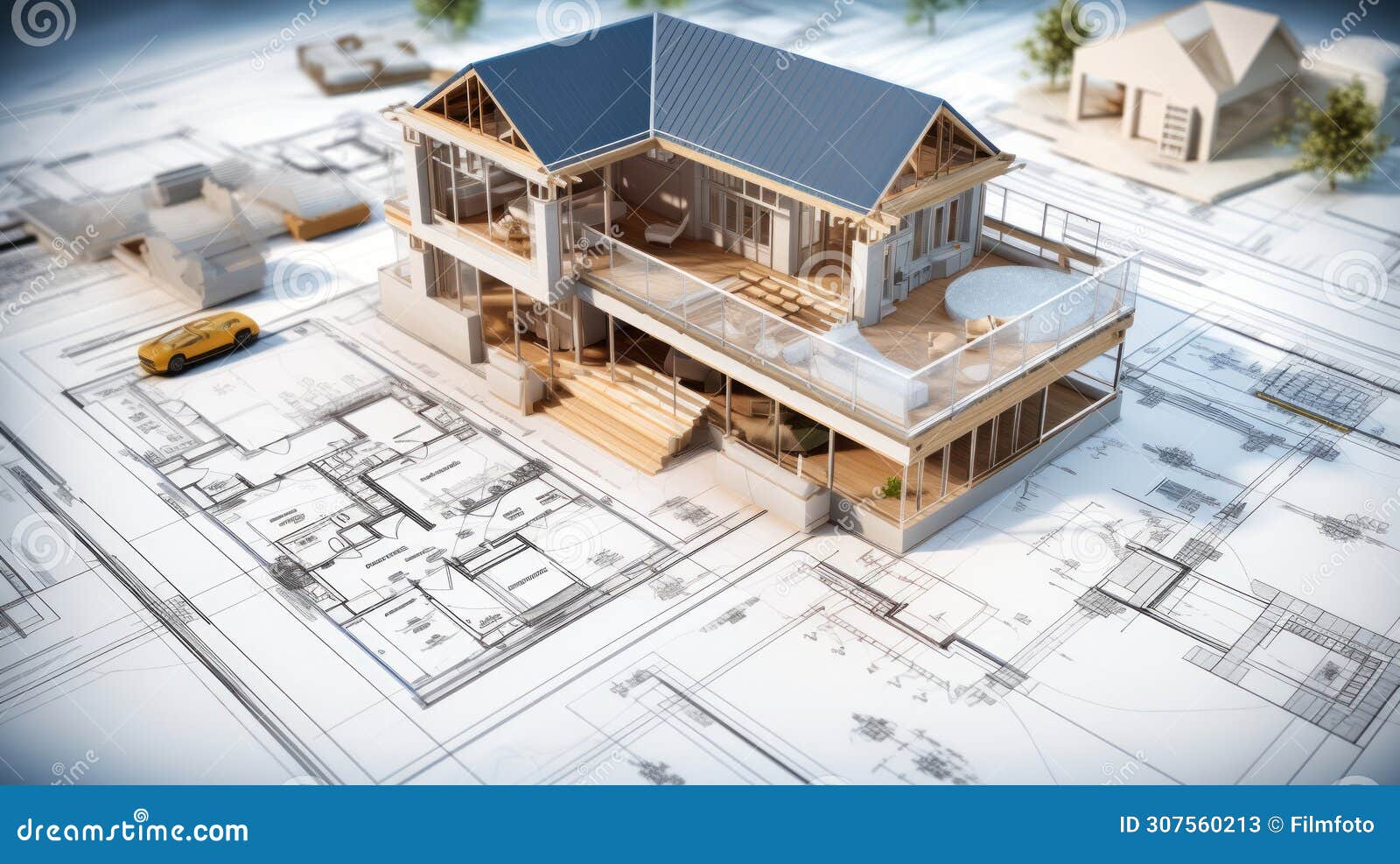 Vision Of Architecture Of A 3d Model House Project With Blueprint ...