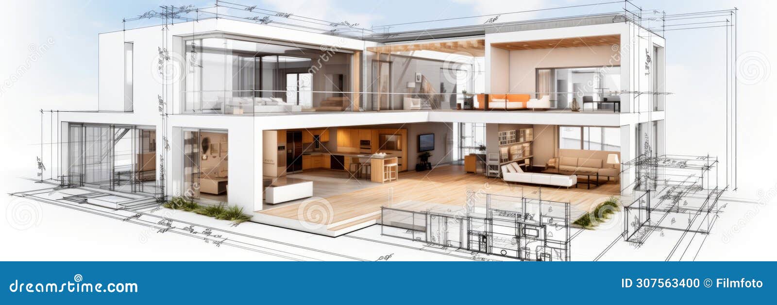 Vision of Architecture of a 3d Model House Project with Blueprint ...