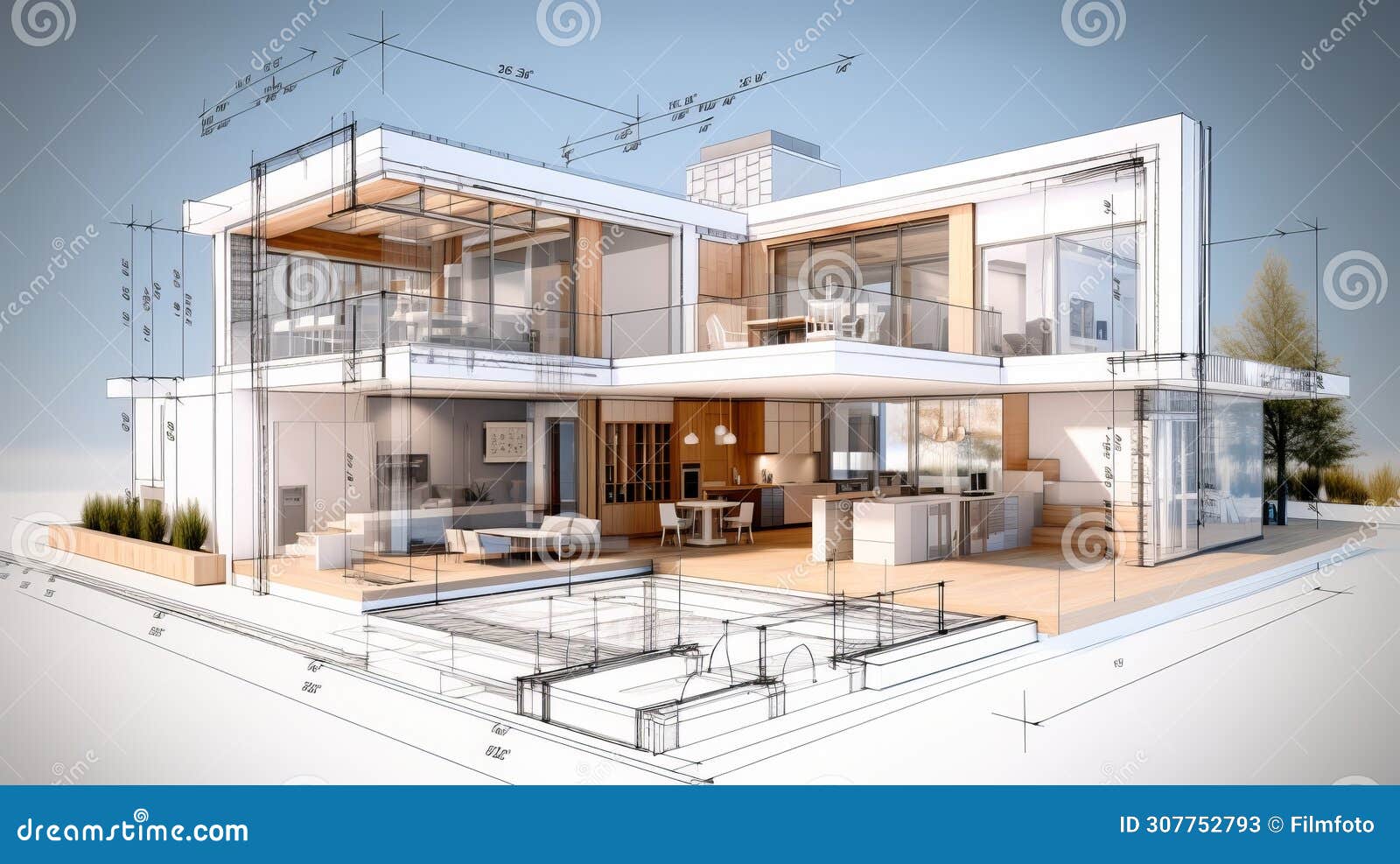 Vision of Architecture of a 3d Model House Project with Blueprint ...