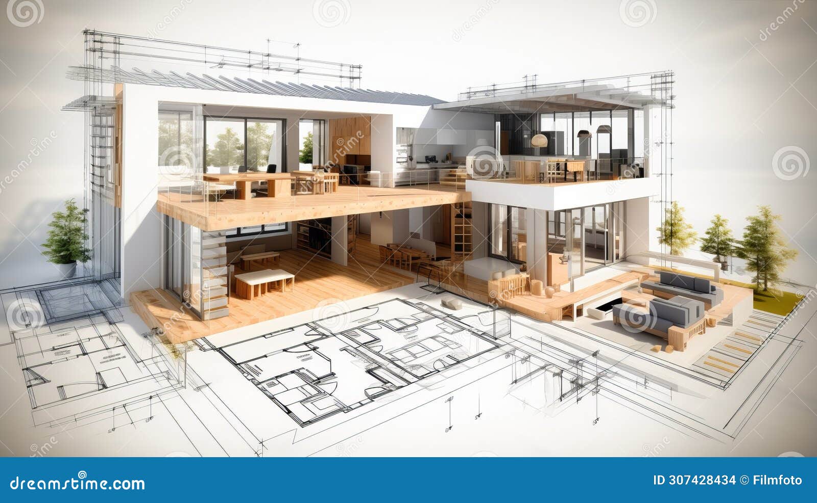 Vision of Architecture of a 3d Model House Project with Blueprint ...