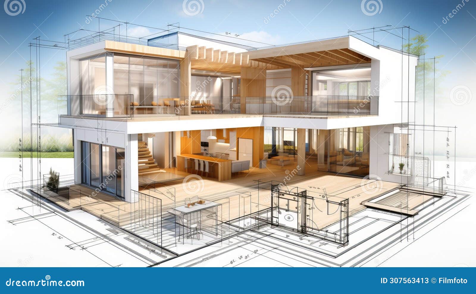 Vision of Architecture of a 3d Model House Project with Blueprint ...