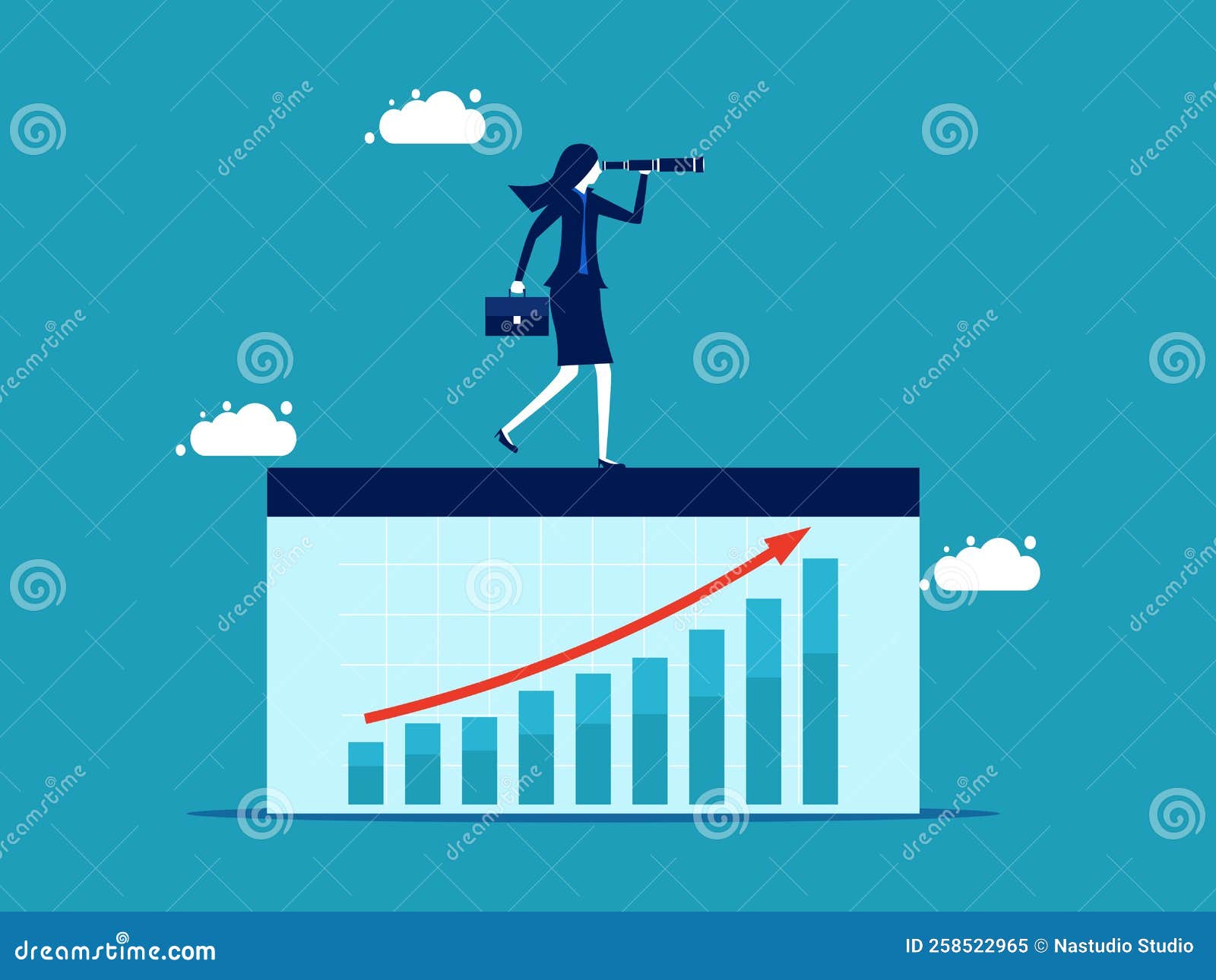Vision of Growth. Businesswoman Looking with Binoculars on a Growing ...