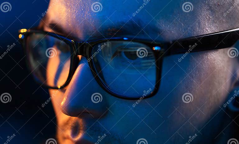 Close Up of Hacker in Glasses Looking at Screen Stock Image - Image of ...