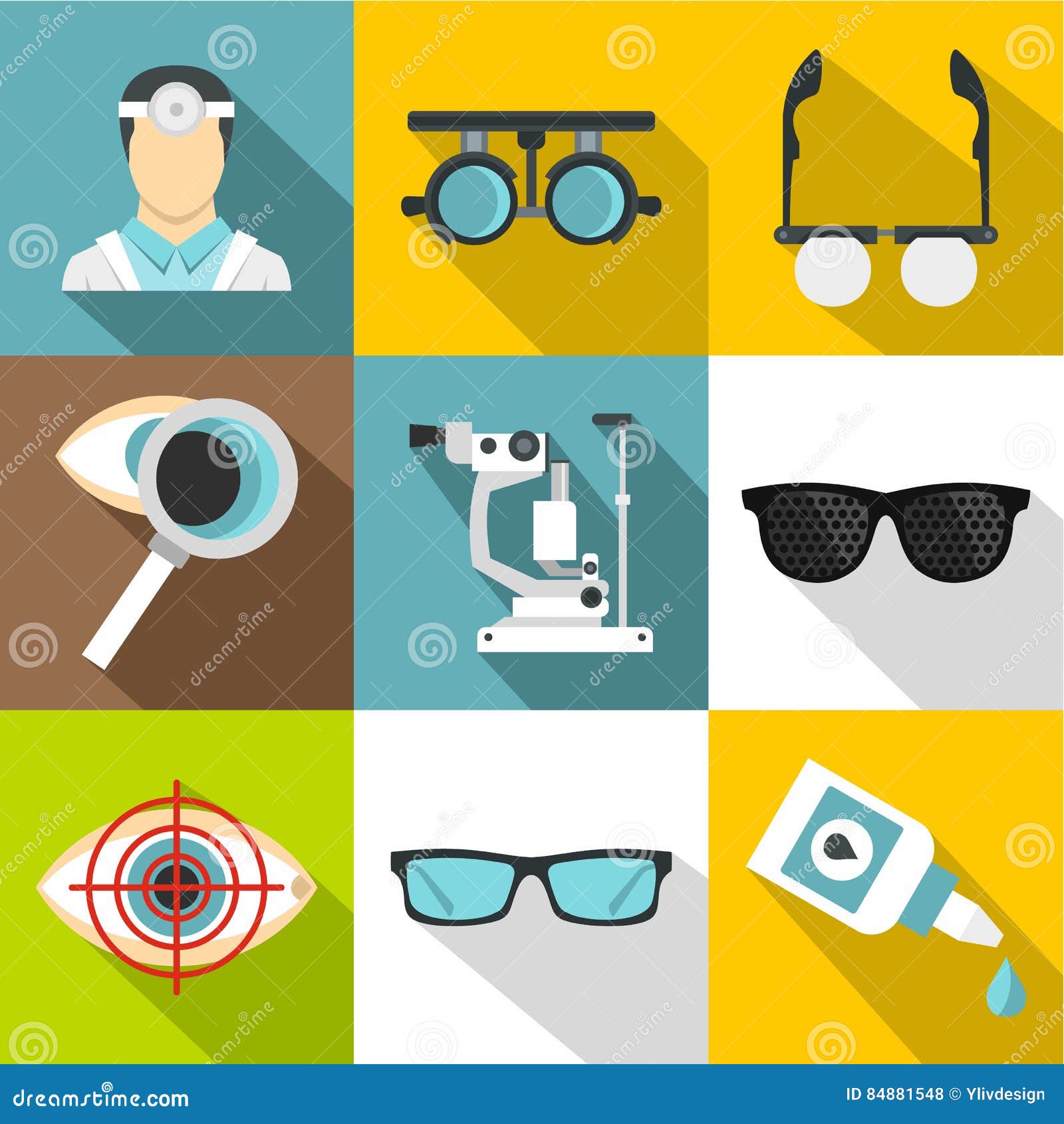 Vision Icons Set, Flat Style Stock Vector - Illustration of microscope ...