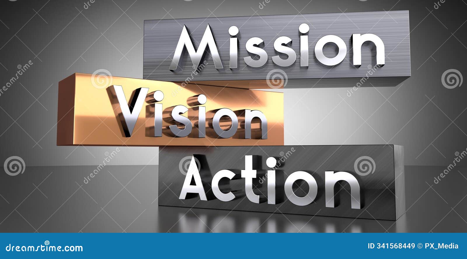 Vision, Mission, Action - Words on Metal Blocks Stock Illustration ...