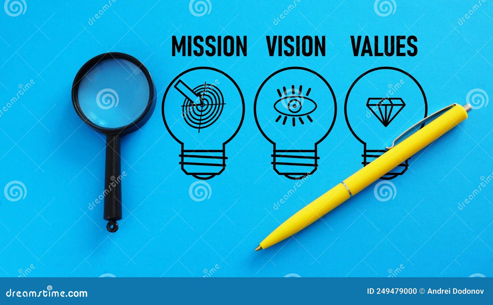 Vision Mission Values Concept are Shown with Light Bulbs Stock Photo ...
