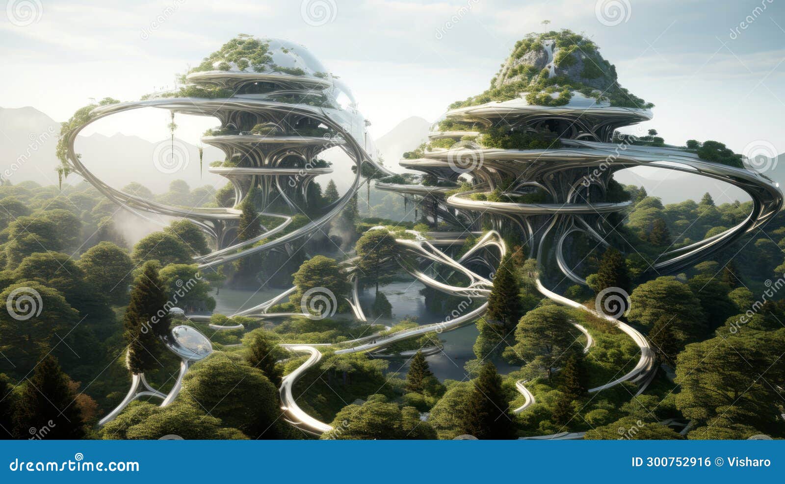 Visionary City with Organic Shapes and Greenery Stock Illustration ...