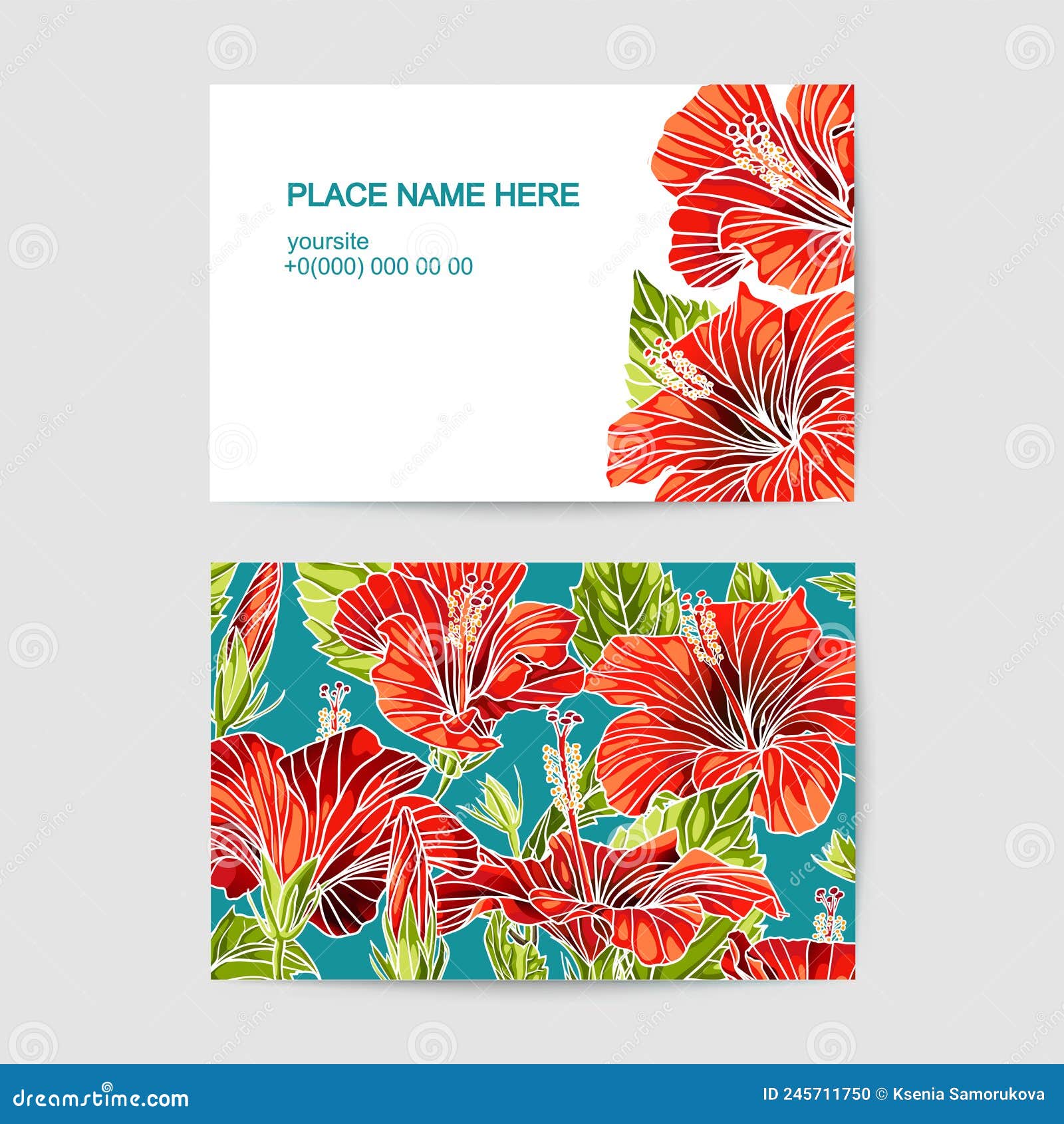 Visit Card Template with Vector Hibiscus Red Flowers Stock Vector ...