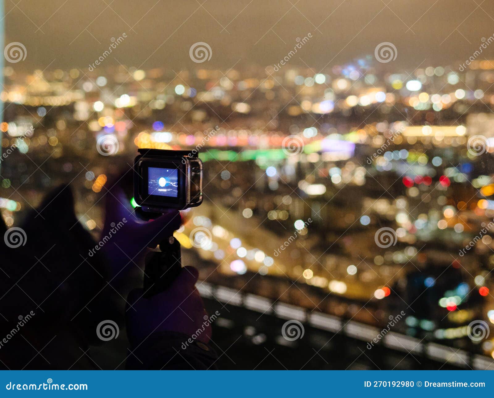Visitor Films Night City on Mobile Camera Stock Photo - Image of ...