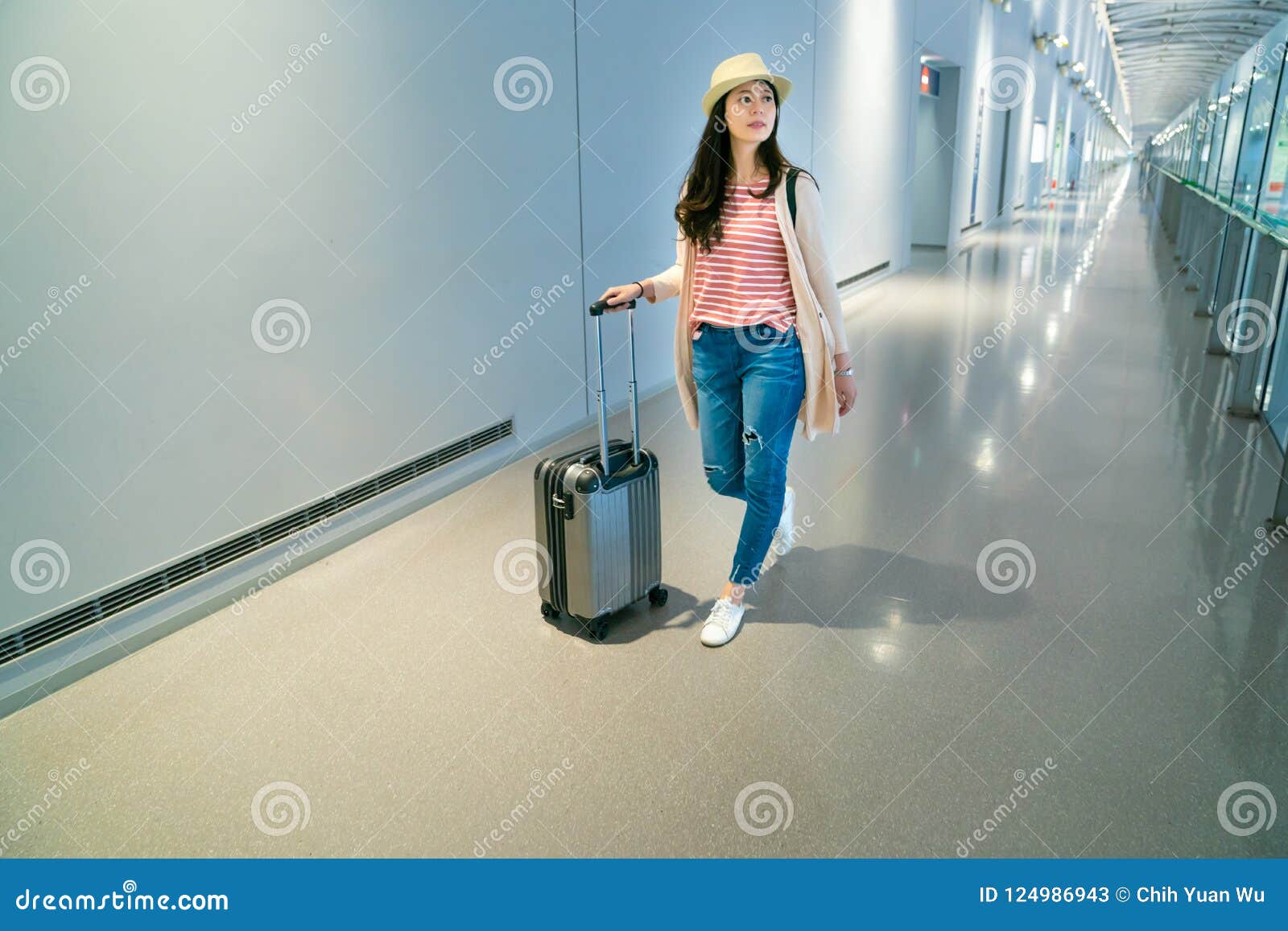 Visitor Walking in an Empty Corridor. Stock Image - Image of portrait ...