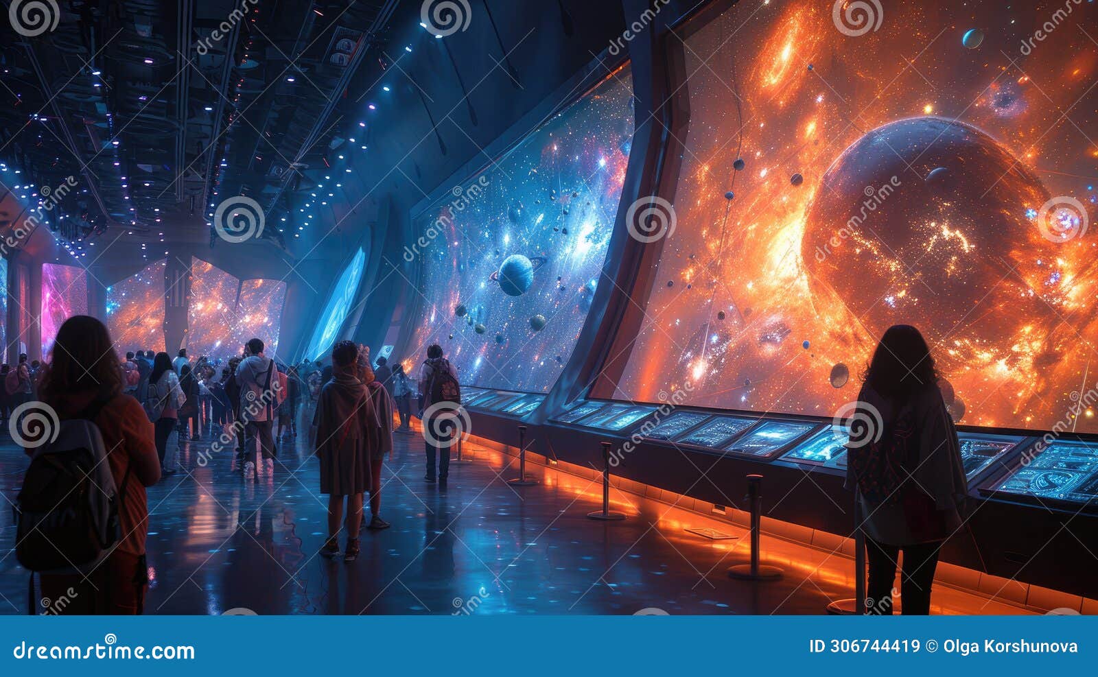 Visitors Marvel at Immersive Cosmic Exhibition in Modern Museum. Stock ...