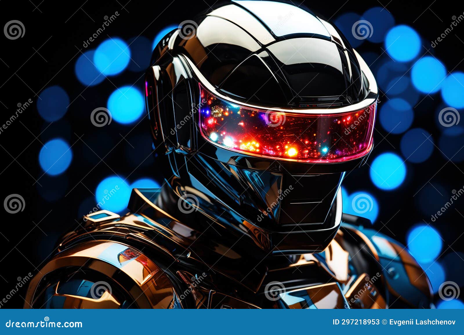 Visored Robot with Cosmic Lights Reflection in a Blurred Neon ...