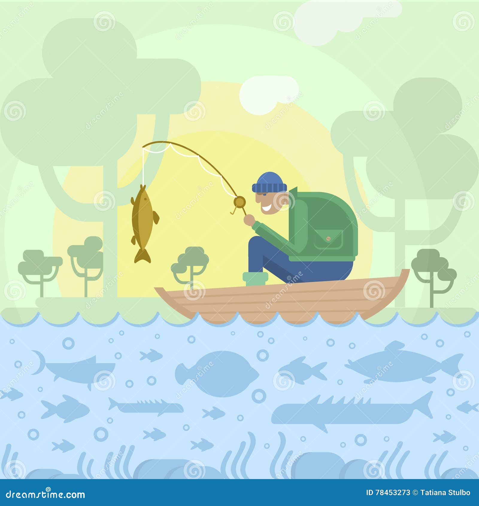 Visser in boot en vissen vector illustratie. Illustration of activiteit ...