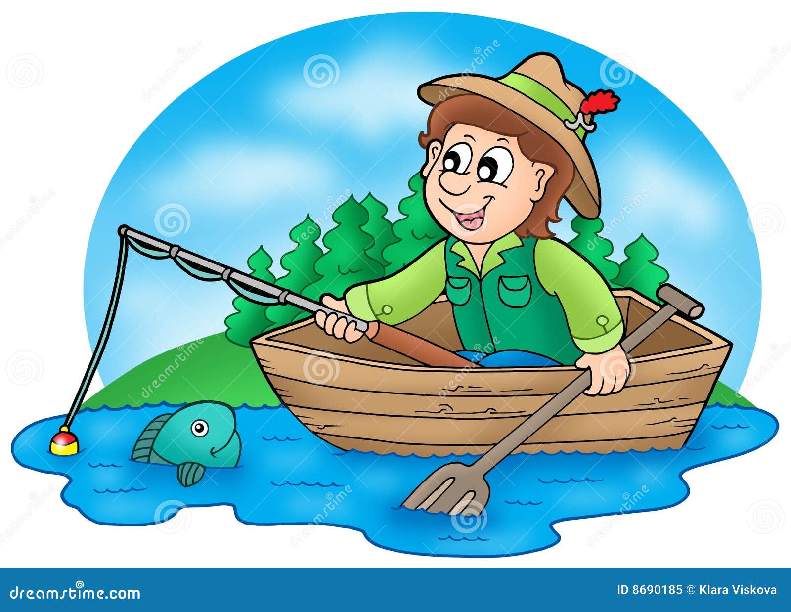 Visser in boot met bomen stock illustratie. Illustration of peddel ...