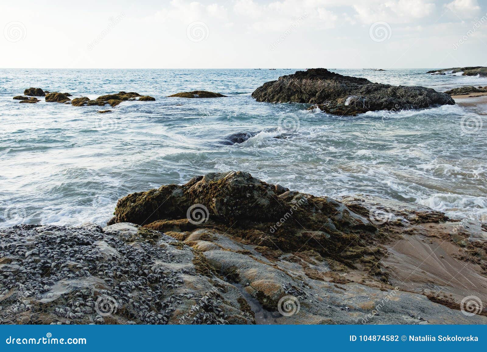 Vista Do Mar Calmo Com Pedras E Veraneantes Foto de Stock - Imagem de ...