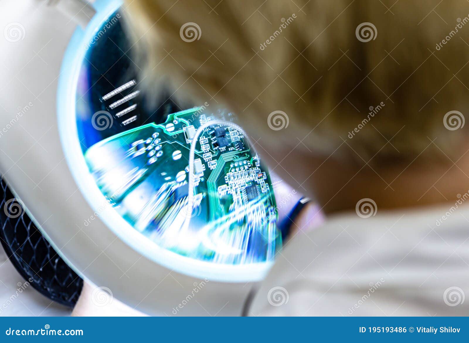 Visual Check of Green Electrical Circuit Board with Magnifying Glass ...
