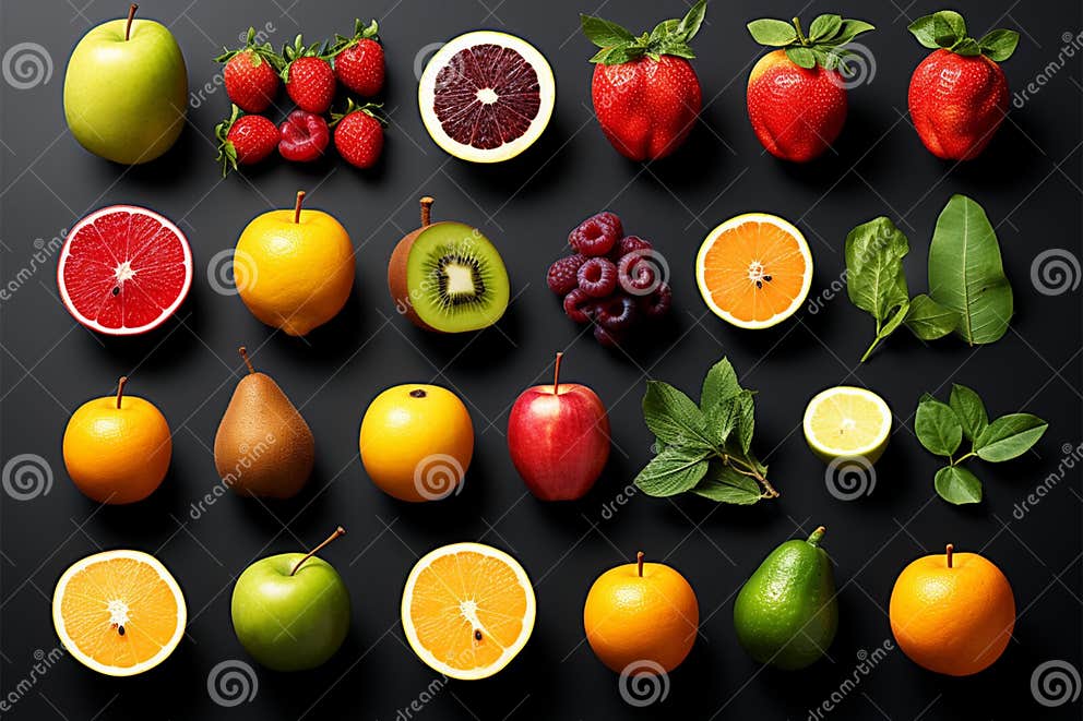 A Visual Collage Featuring a Diverse Assortment of Fruit Types Stock ...