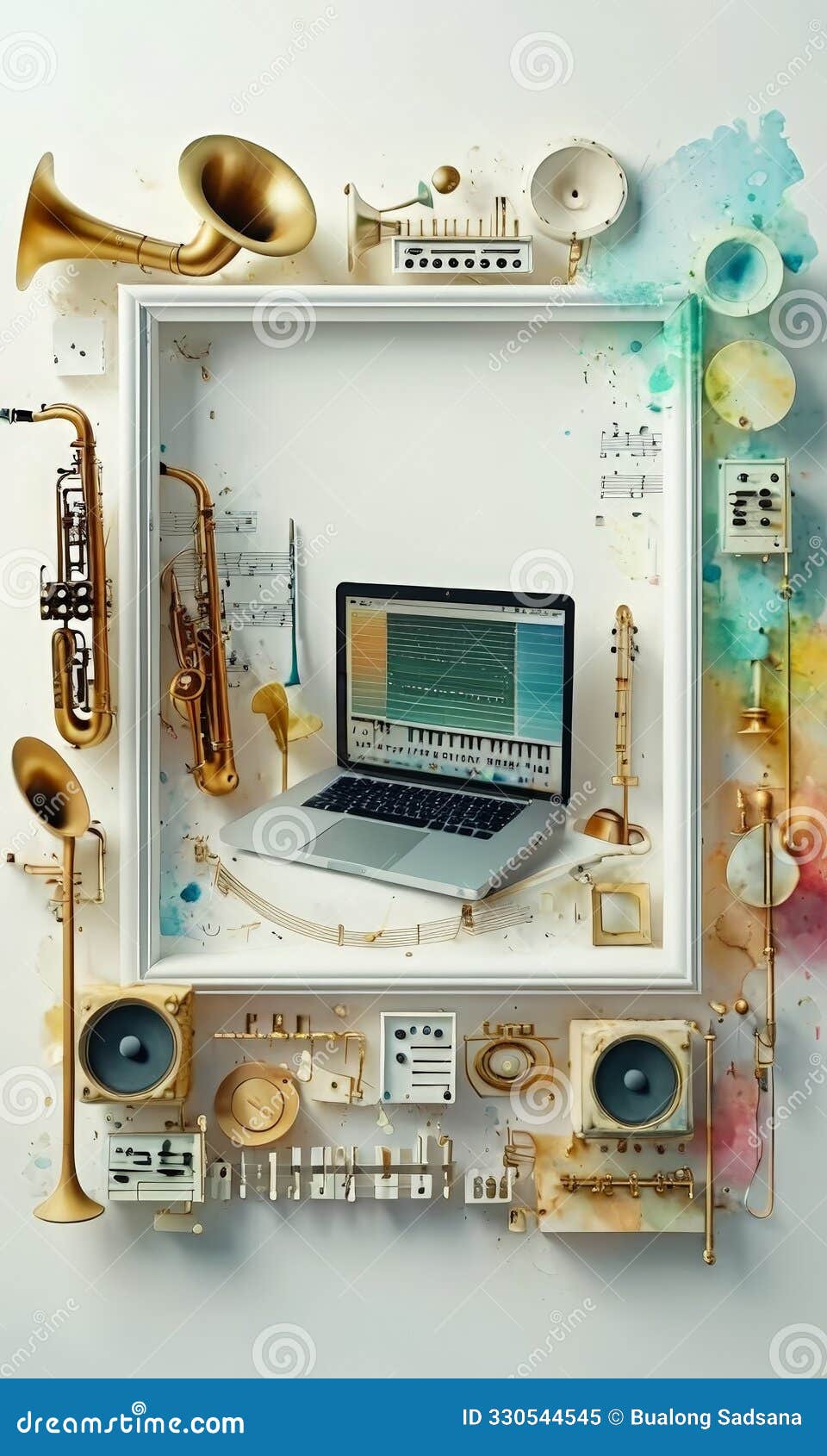 Laptop Computer Surrounded by Musical Instruments and Music Equipment ...