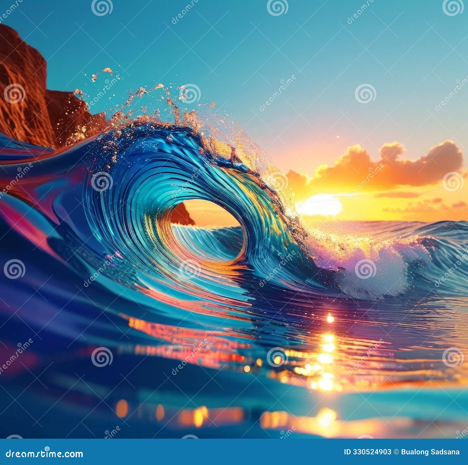 Wave in the Ocean at Sunset Stock Illustration - Illustration of ...