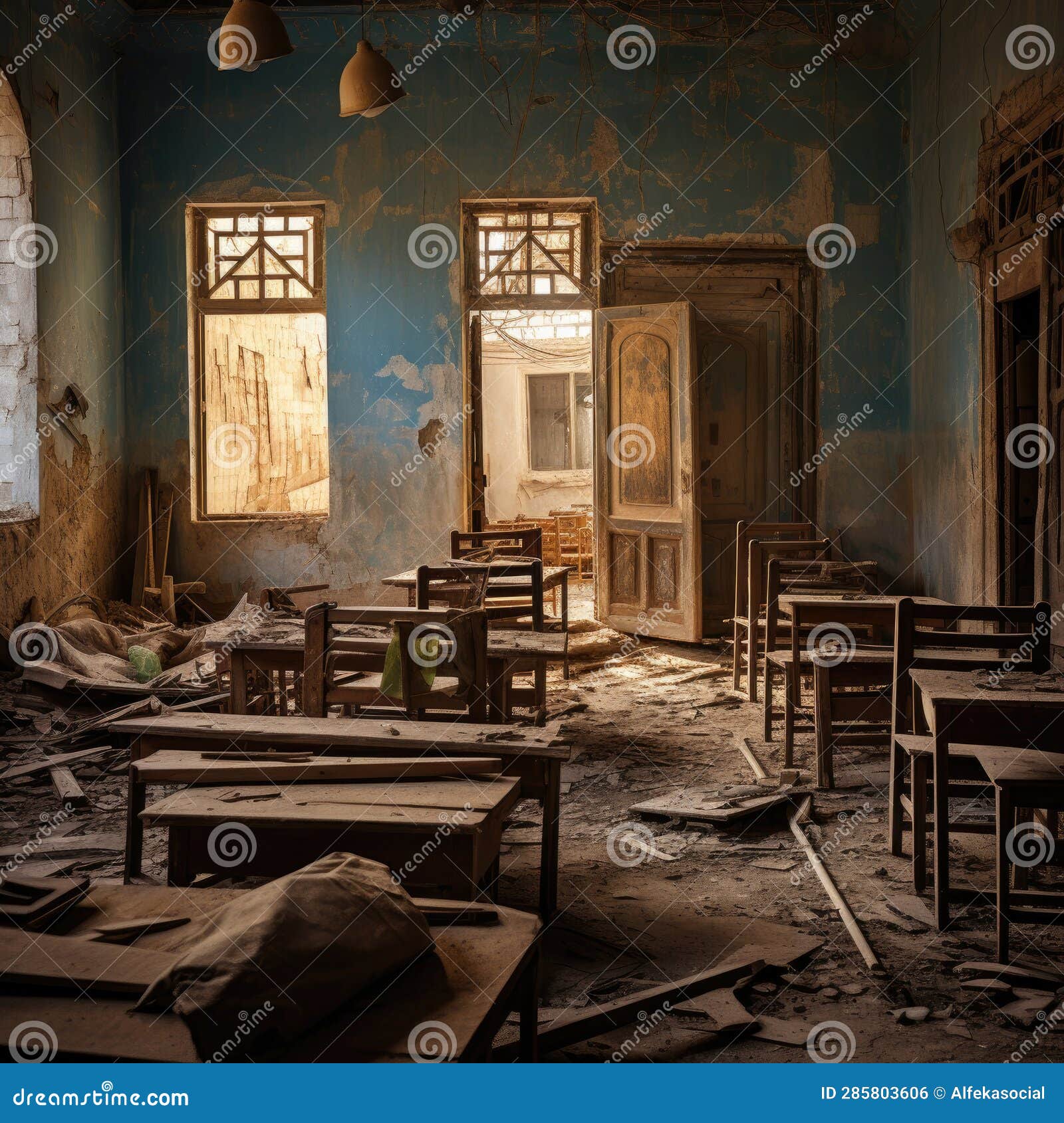 Old Classroom with Broken Desks and Chairs, Peeling Paint Walls ...
