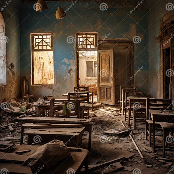 Old Classroom with Broken Desks and Chairs, Peeling Paint Walls ...